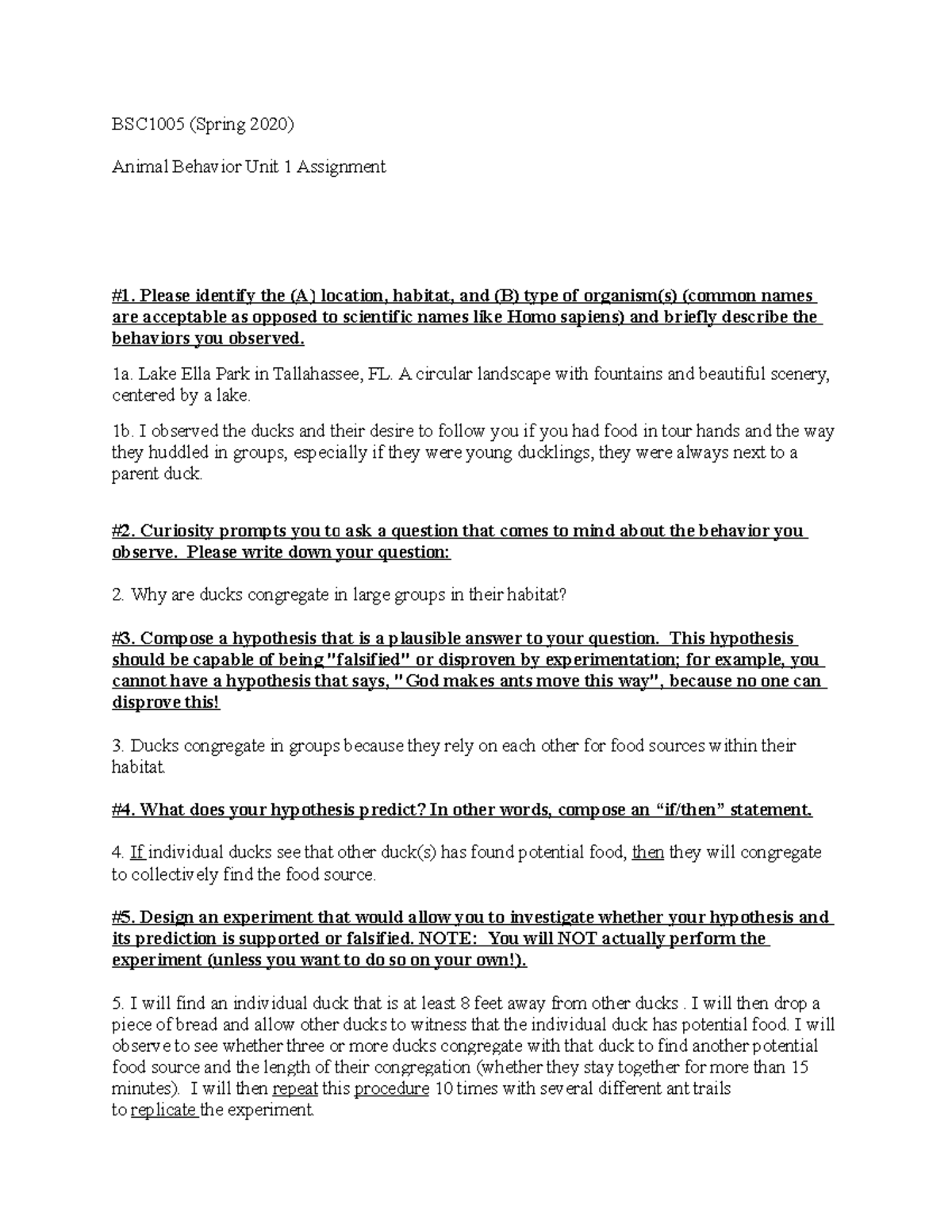 Animal Behavior Unit 1 Assignment (Avlene Siffort) - BSC1005 (Spring ...