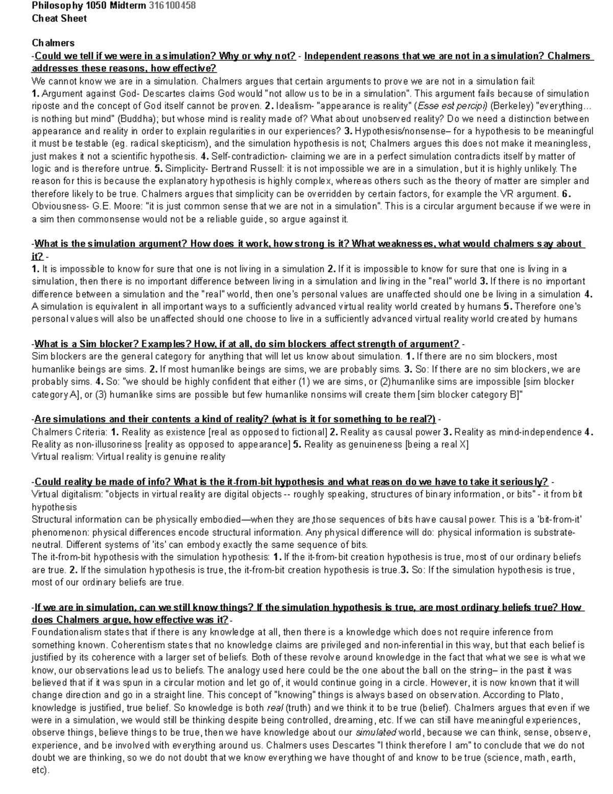 Phil Midterm review sheet - Philosophy 1050 Midterm 316100458 Cheat ...