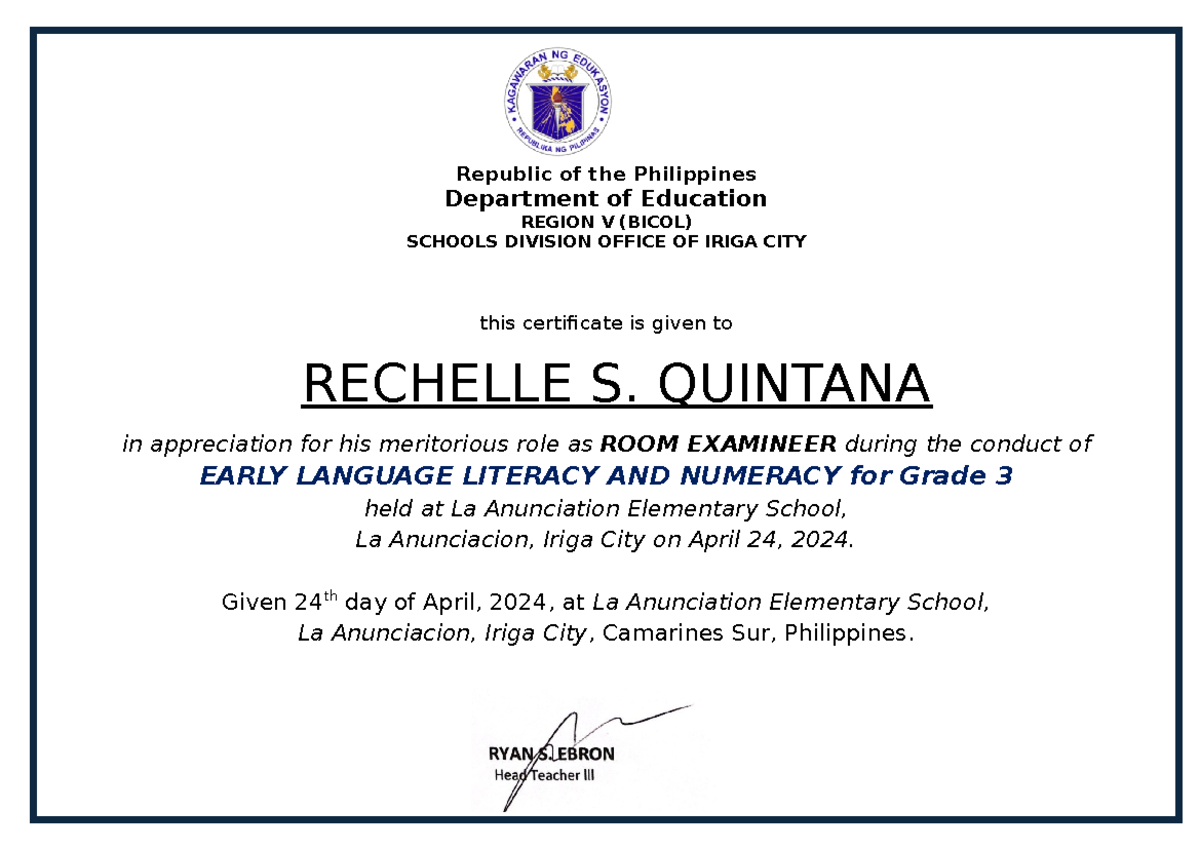 Certificate for Examiner - Republic of the Philippines Department of ...