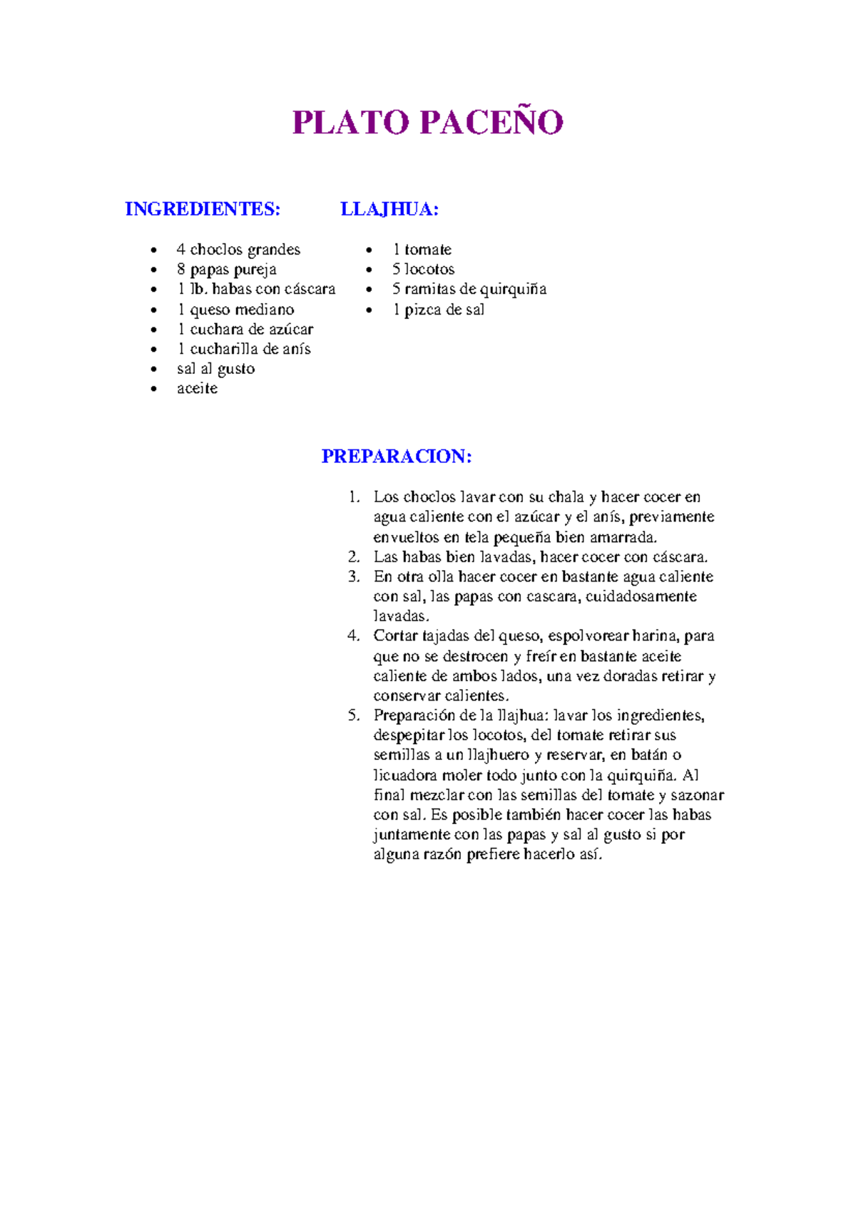 422910146-Plato-Paceno - PLATO PACEÑO INGREDIENTES: 4 choclos grandes 8 ...