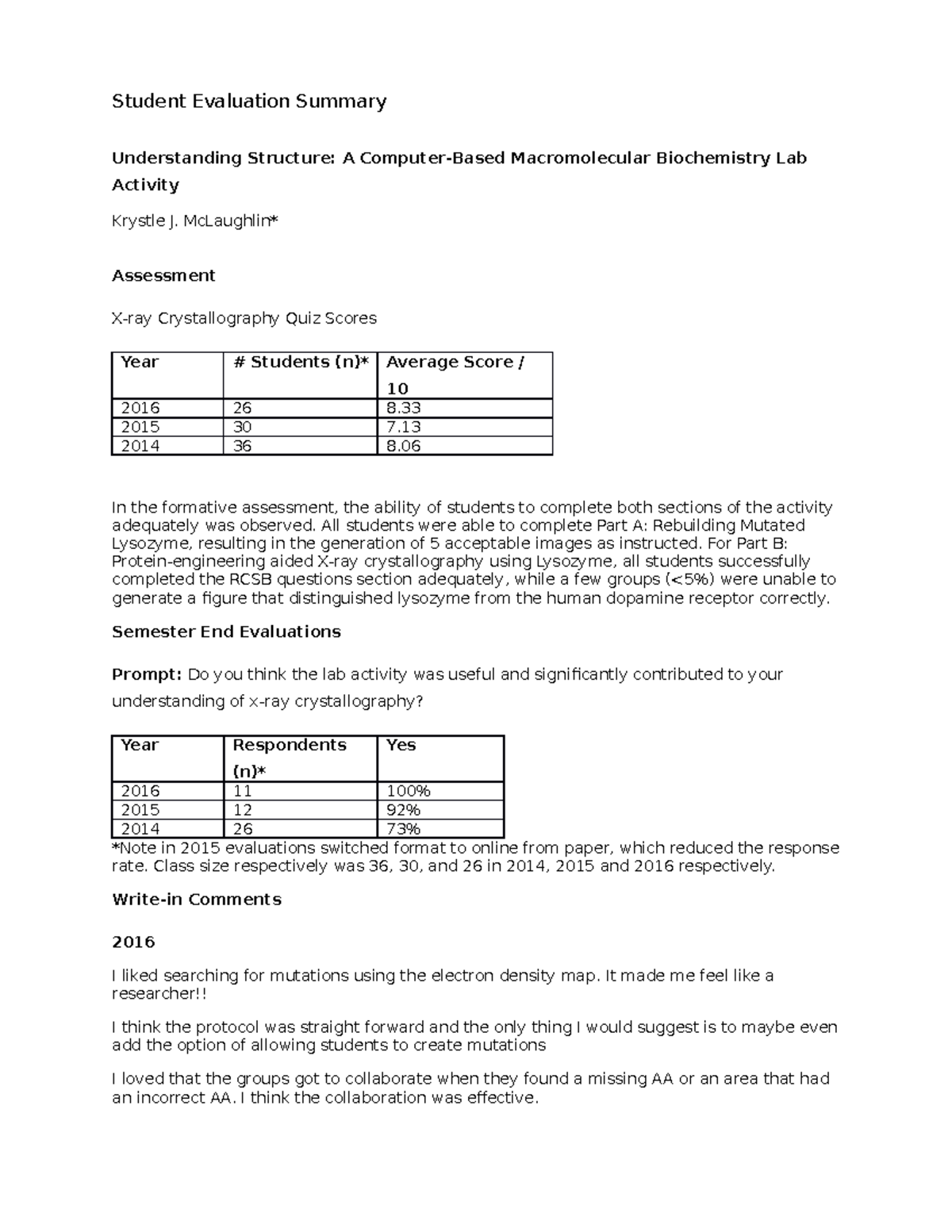 Understanding structure assessment - Student Evaluation Summary ...