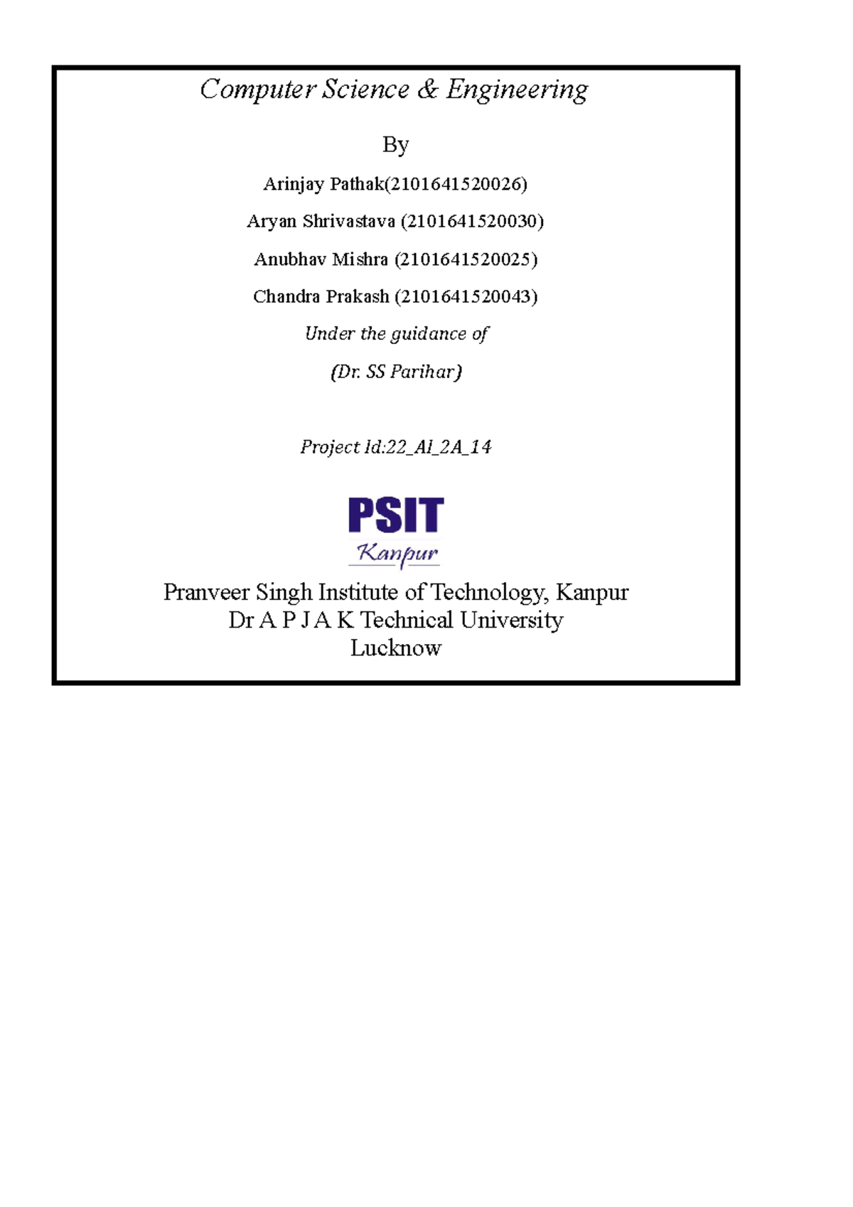 Mini project report format second year - Computer Science & Engineering By Arinjay - Studocu