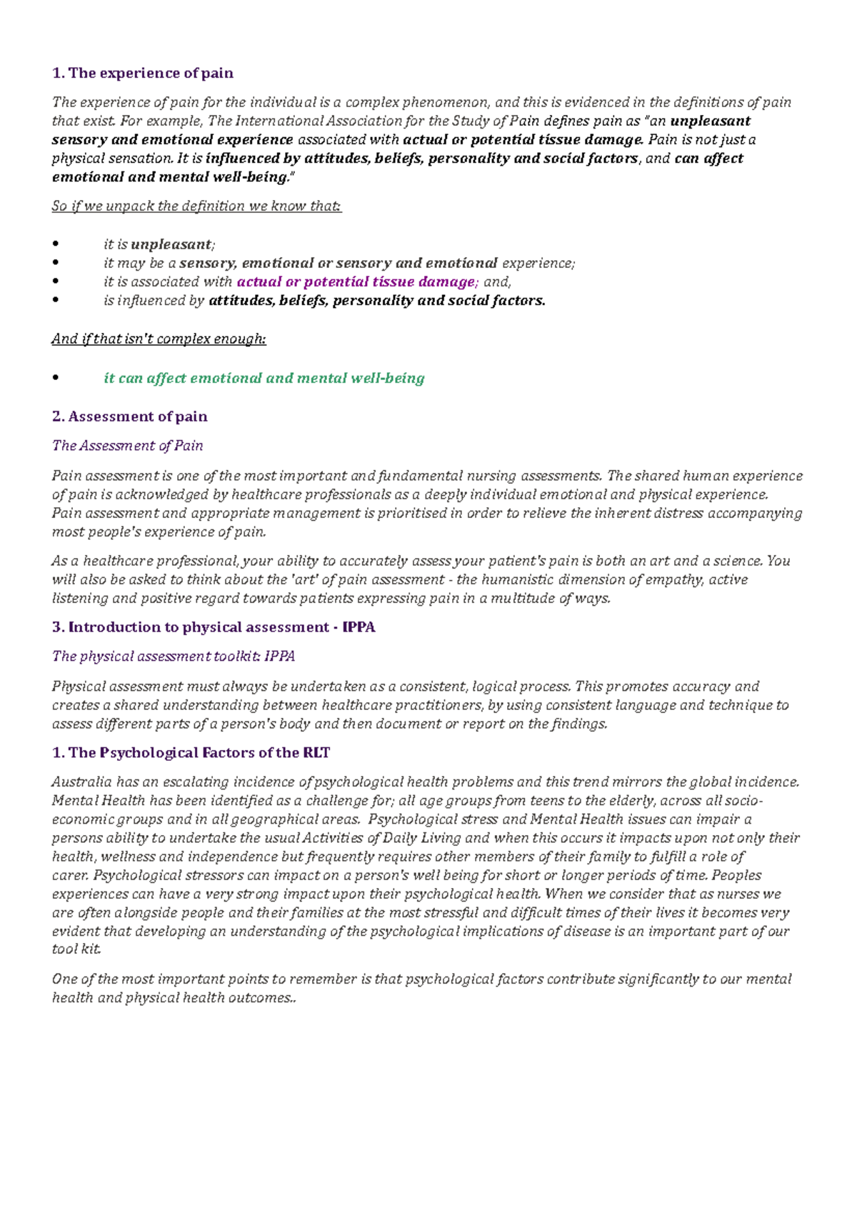 Online lesson 7 - The experience of pain The experience of pain for the ...