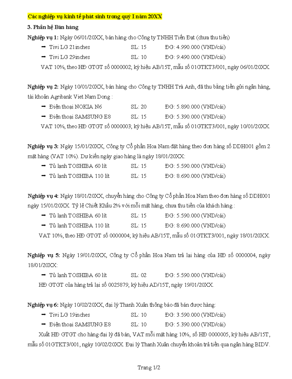 Baitap 03 PH Ban hang csdl XYZ - Trang 1/ Các nghiệp vụ kinh tế phát sinh trong quý I năm 2 0 XX ...