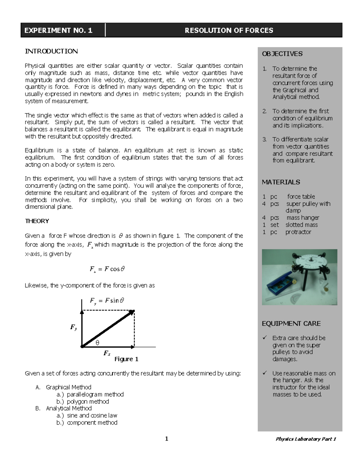 E1 - vector algebra - EXPERIMENT NO. 1 RESOLUTION OF FORCES OBJECTIVES ...