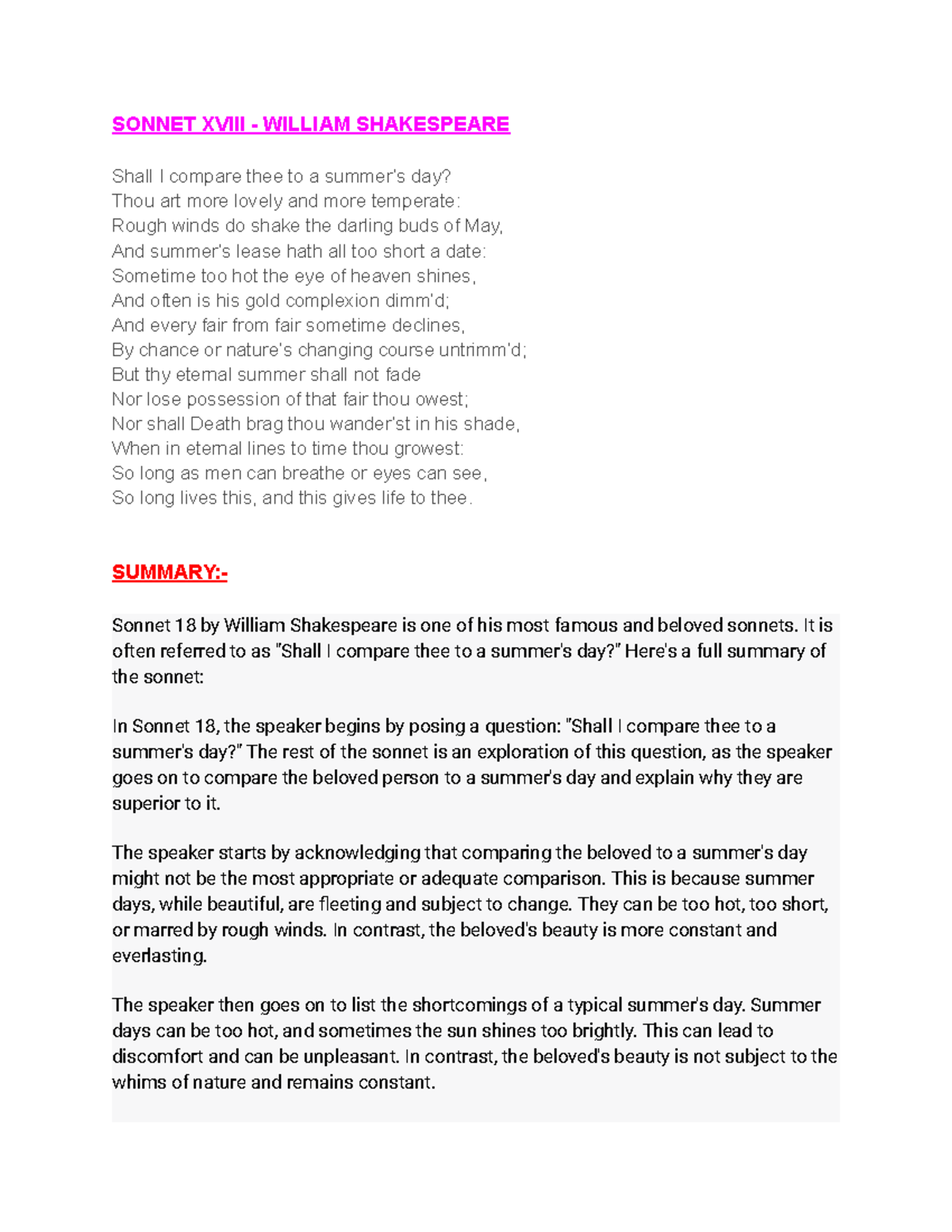 Sonnet Xviii - William Shakespeare - Sarbottam's Notes - SONNET XVIII ...