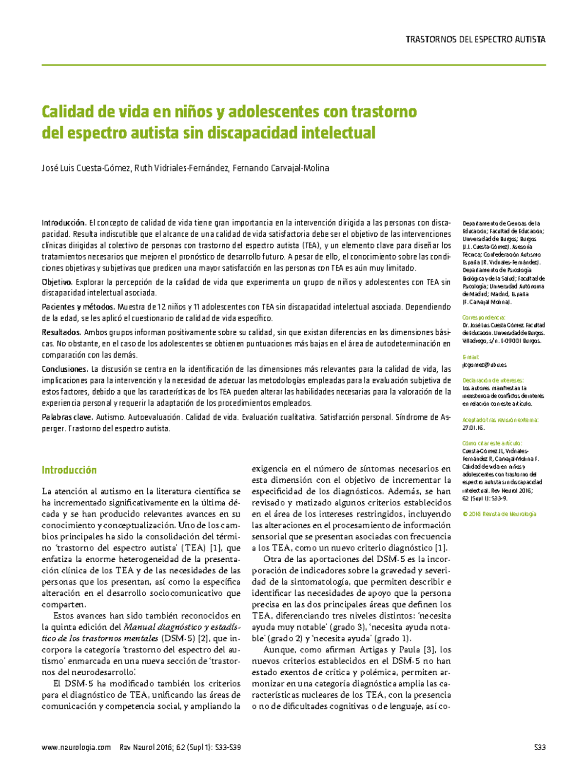 Calidad de vida en niños y adolescentes con TEA - neurologia Rev Neurol ...