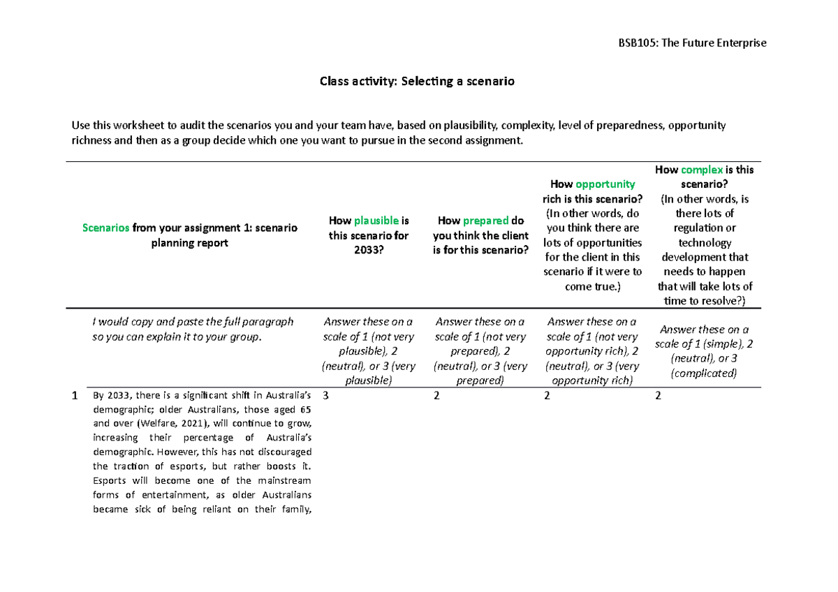 Scenario Selection 2023 - Class activity: Selecting a scenario Use this ...