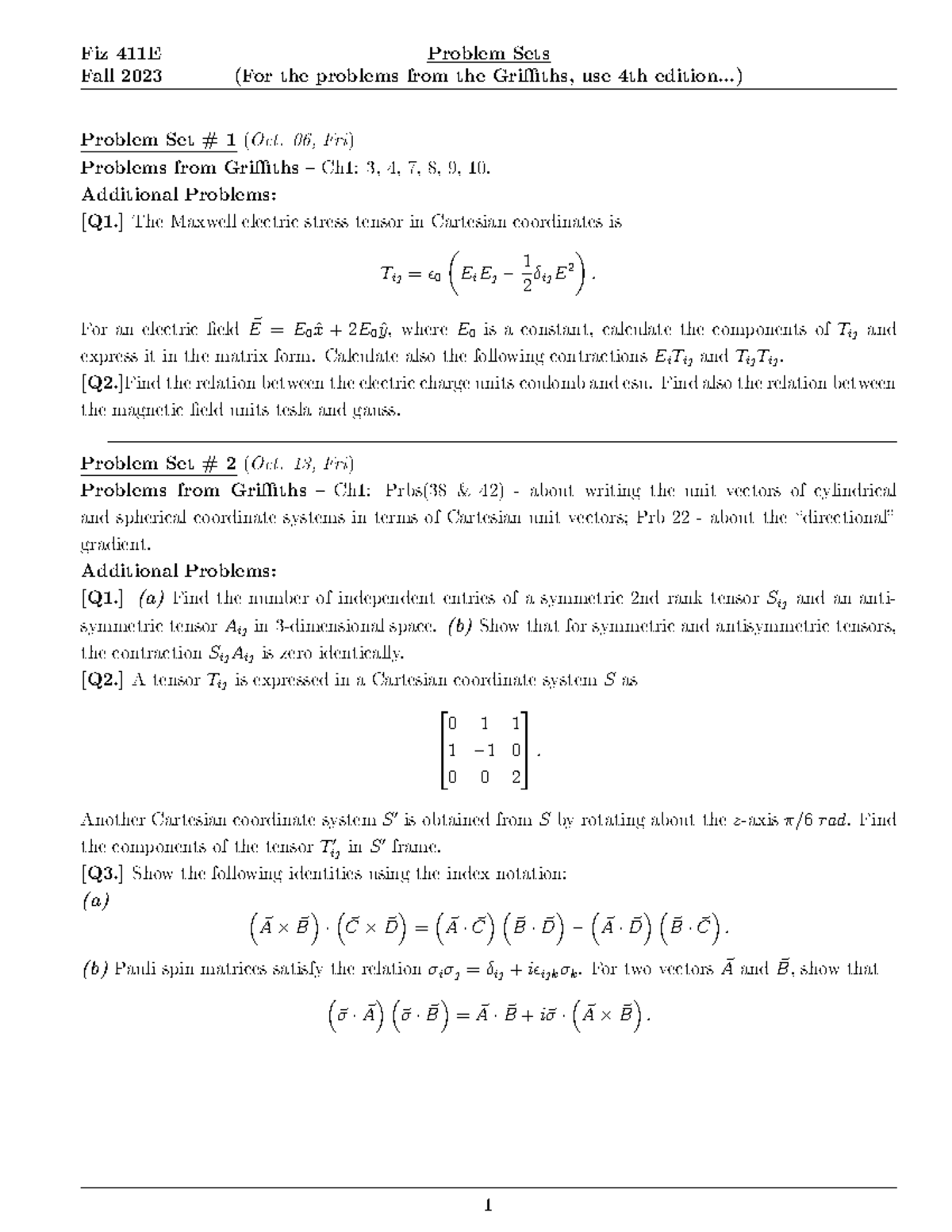 411e f23 PS - practice - Fall 2023 (For the problems from the Gri ths, use 4th edition ...