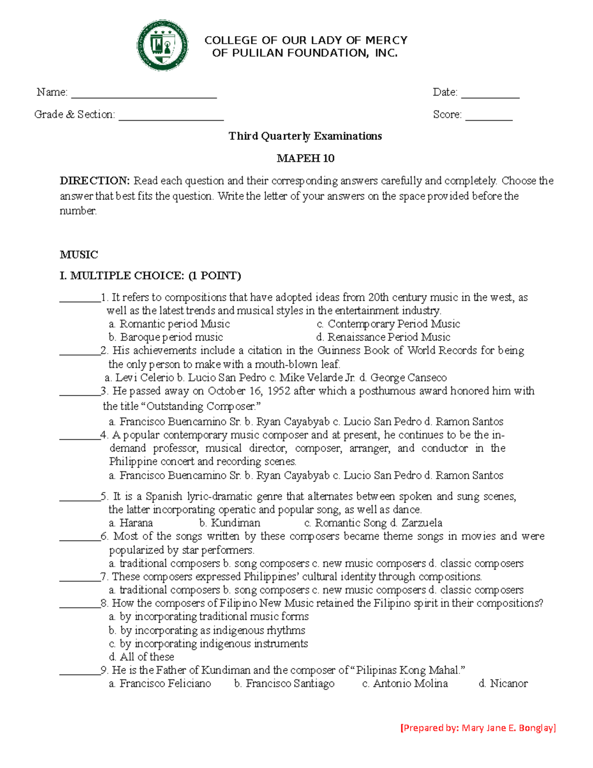 Grade 10 Third Quarterly Exam - OF PULILAN FOUNDATION, INC. Name