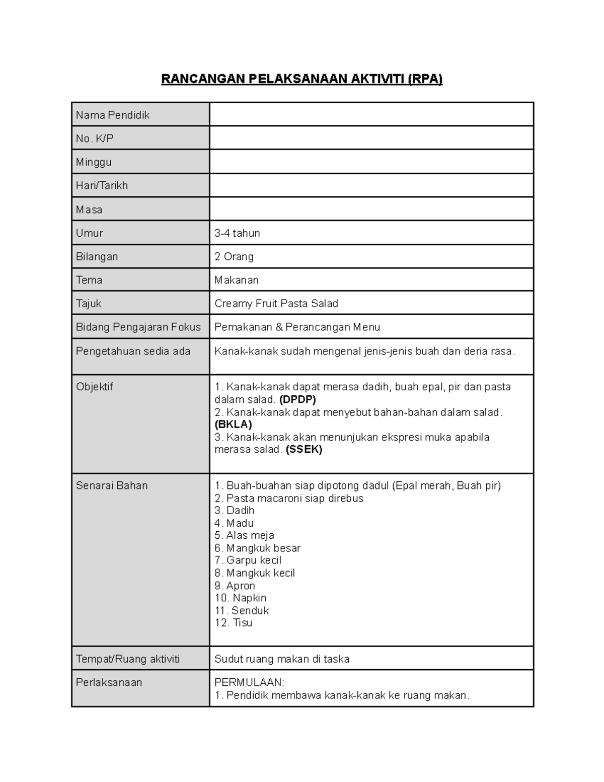 RPA - Sample (Pemakanan & Perancangan Menu) - RANCANGAN PELAKSANAAN ...