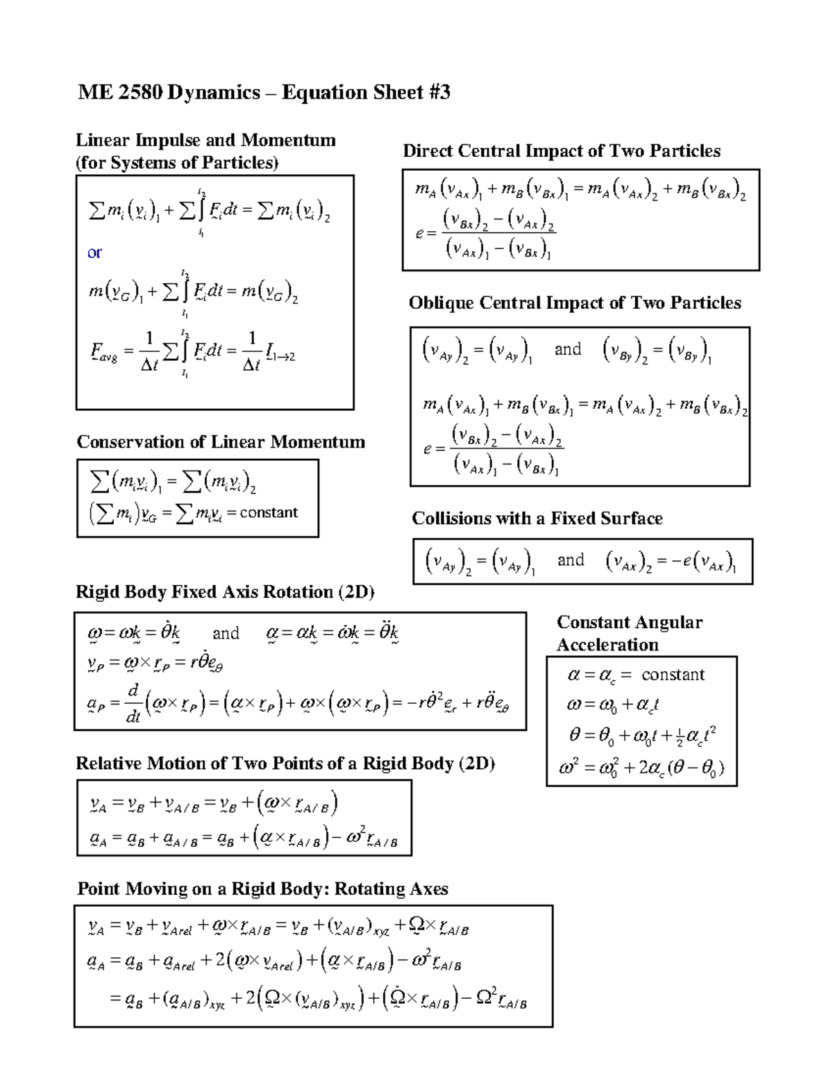 ME258Equation Sheet 03 - ME 2580 Dynamics – Equation Sheet Rigid Body ...