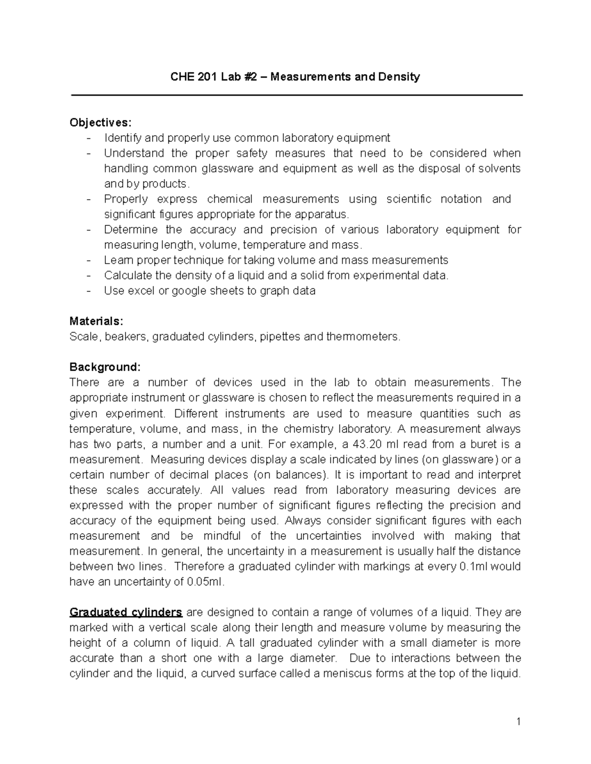 Lab #2 Measurements and Density - CHE 201 Lab #2 – Measurements and Density Objectives ...
