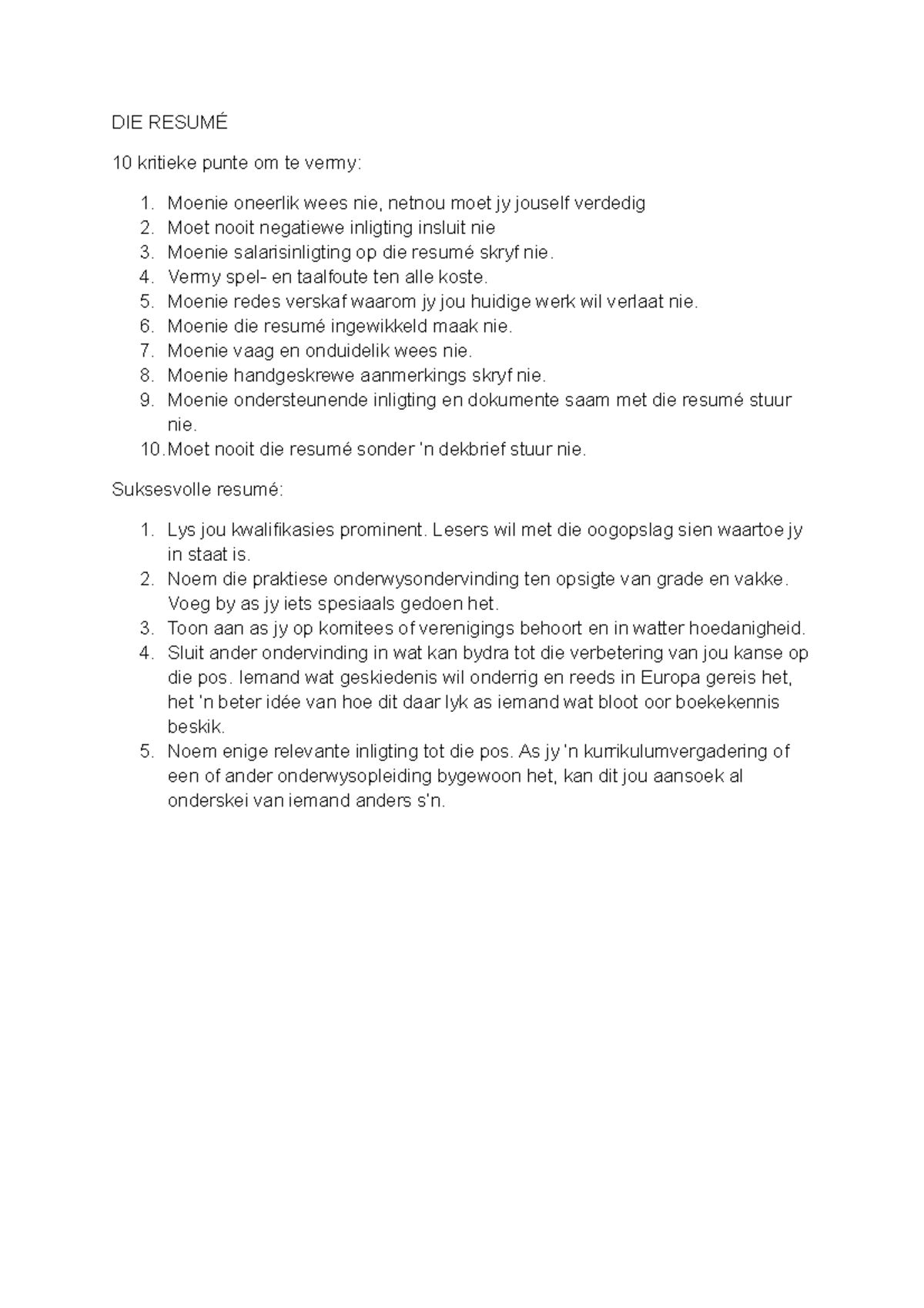 DIE+ Resume 1 - Summary Kommunikasie vir Afrikaans Moedertaal - DIE 10 ...