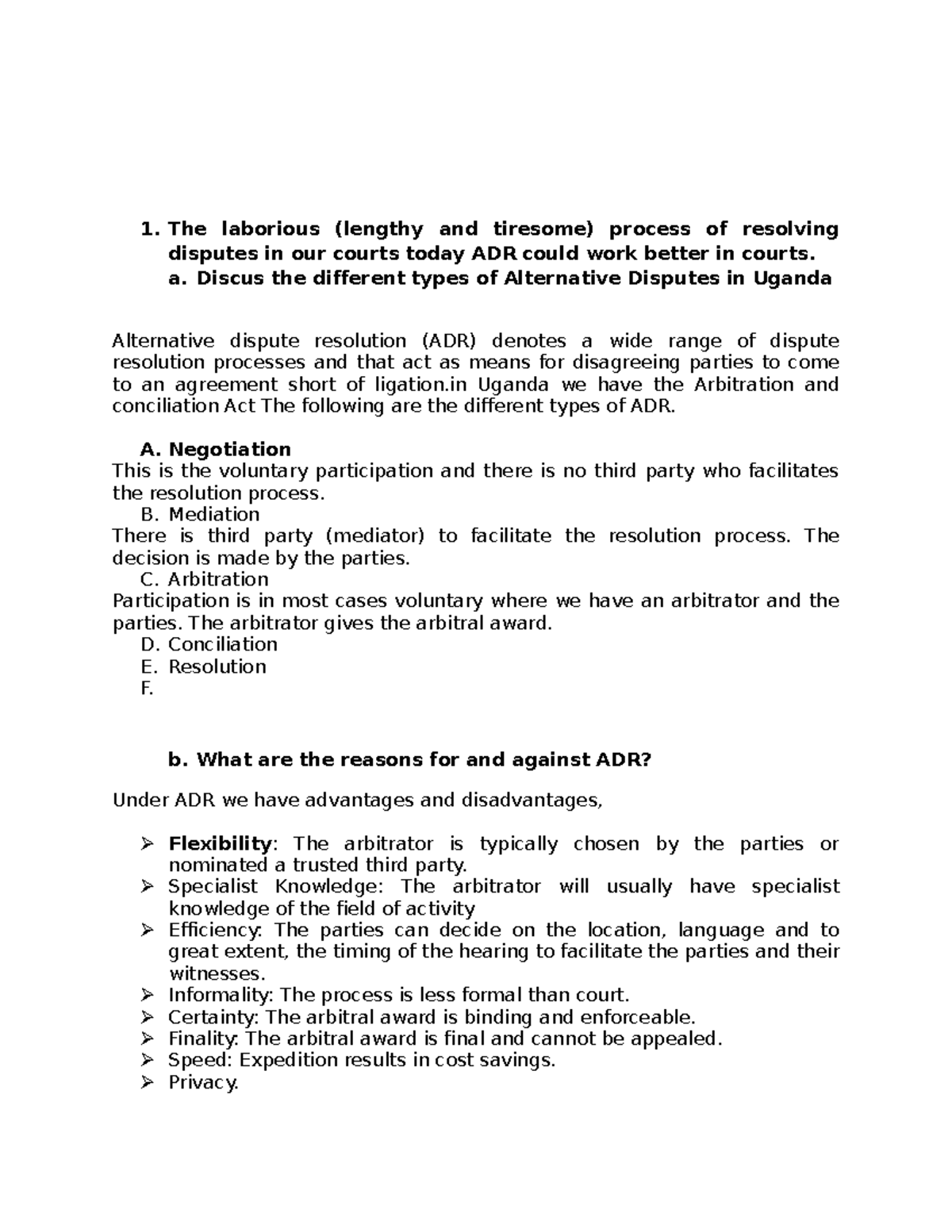 ADR - a. Discus the different types of Alternative Disputes in Uganda ...
