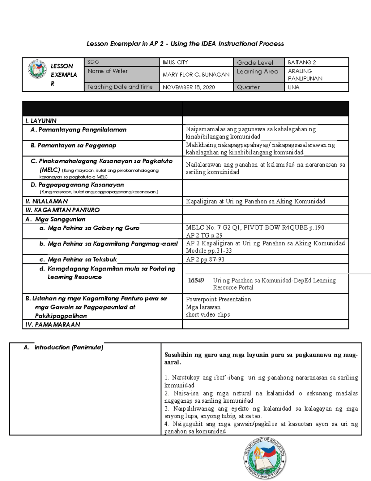 LE-AP COT-1 - assignments - Lesson Exemplar in AP 2 - Using the IDEA ...