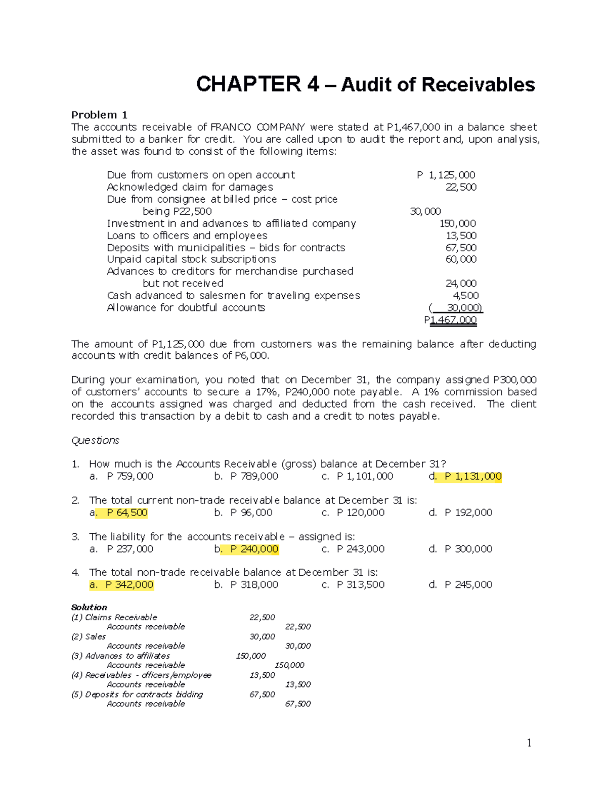 Audit of Receivables and Sales Problems with Solutions - CHAPTER 4 ...