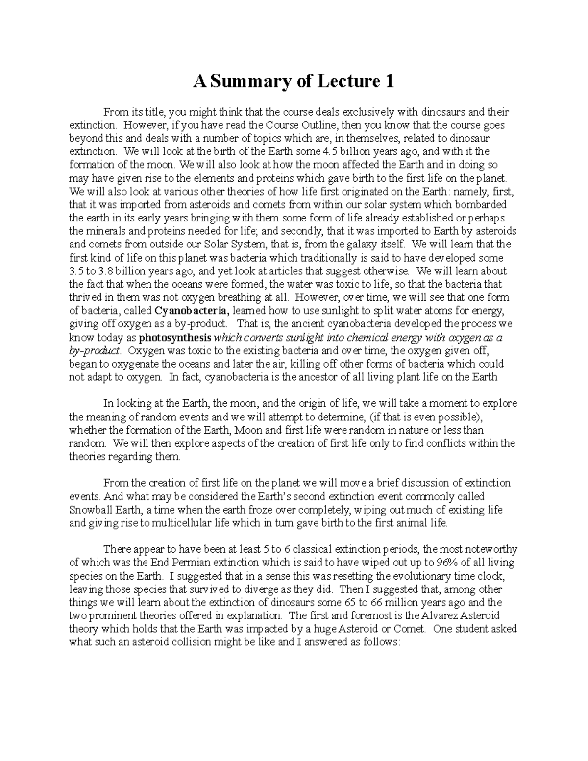 A Summary of Lecture 1 - However, if you have read the Course Outline ...