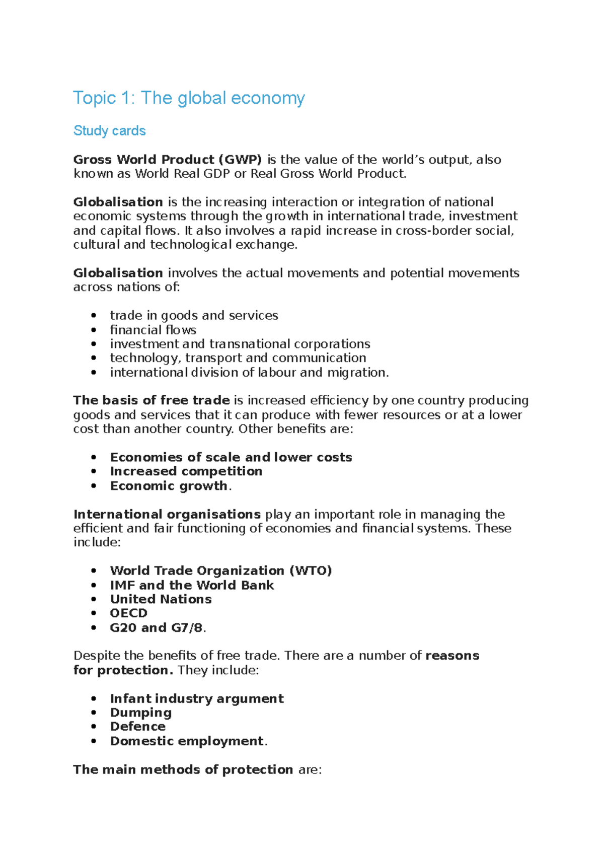 Topic 1 - Cambridge study cards - Topic 1: The global economy Study ...