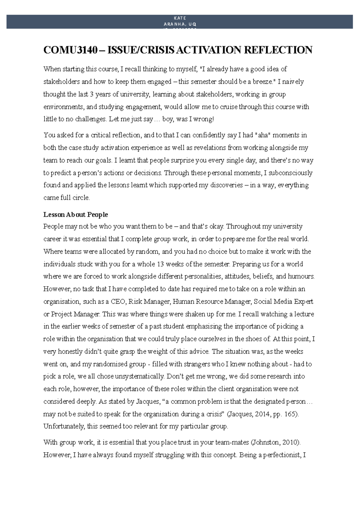 Issue: Crisis Activation Reflection - COMU3140 – ISSUE/CRISIS ...