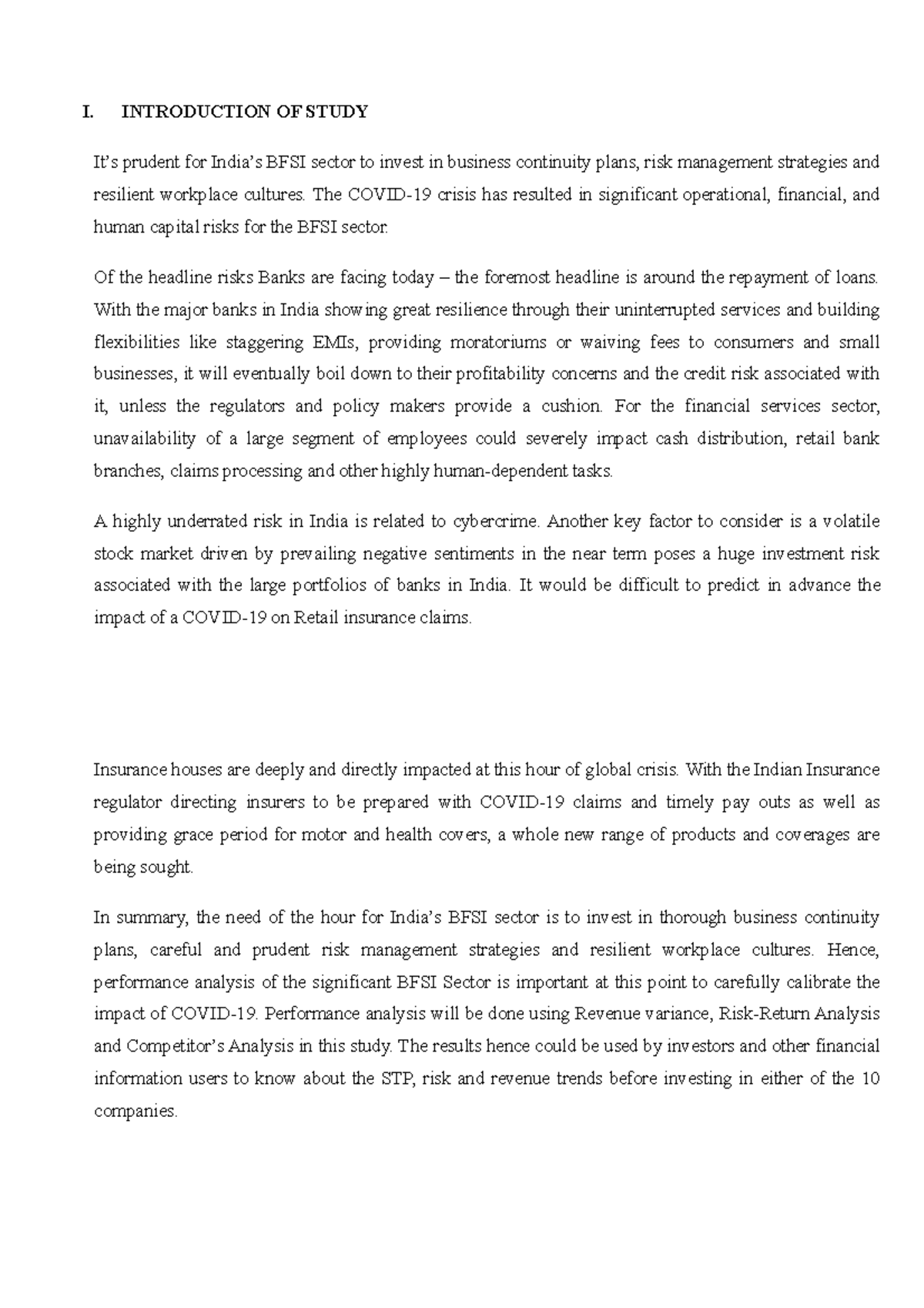 Introduction OF Study - I OF STUDY It’s prudent for India’s BFSI sector ...