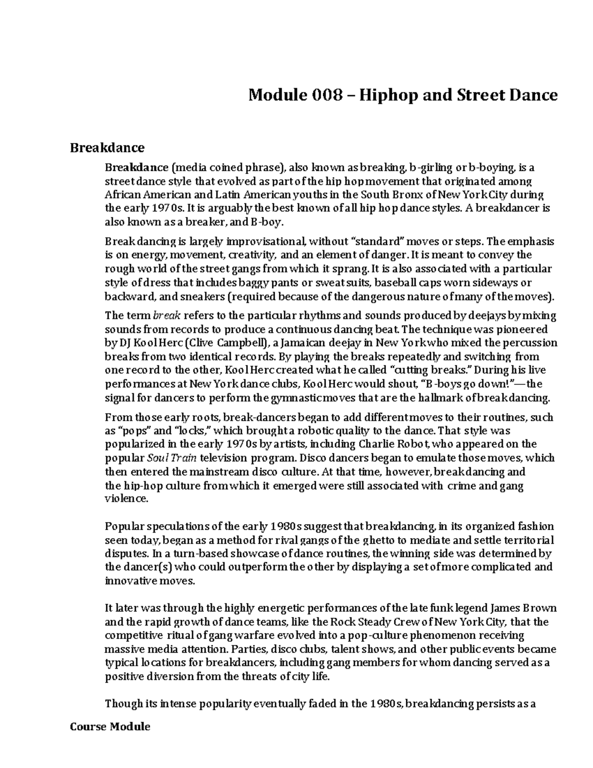 Week 011-Module 011-Hiphop and Street Dance - Course Module Module 008 ...