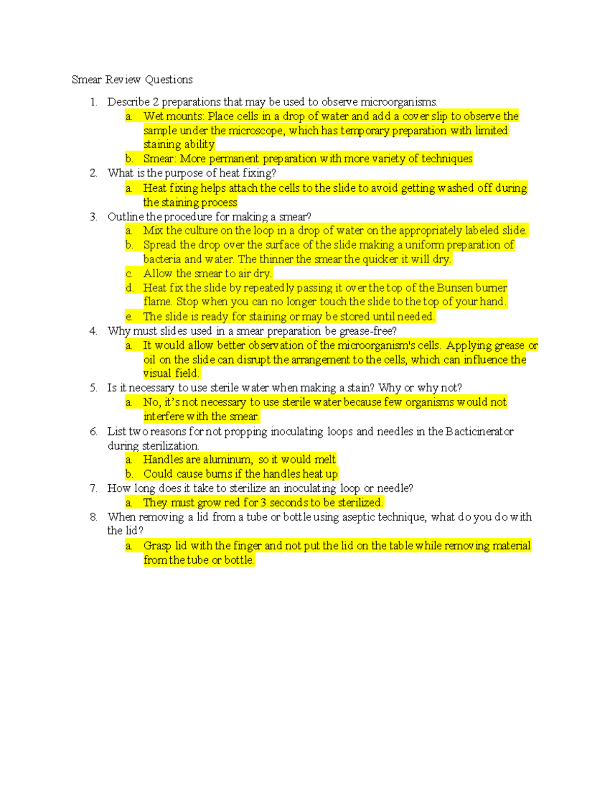 Smear stain Q's 1 - Micro lab - Smear Review Questions 1. Describe 2 ...