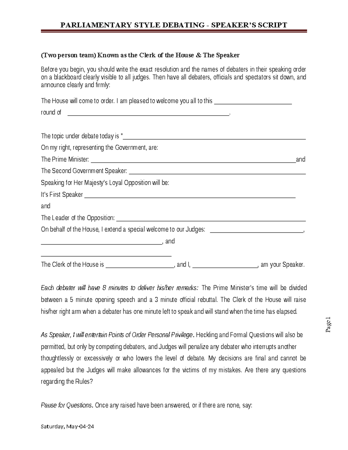 Parliamentary Speaker's Script - Moderator - Page PARLIAMENTARY STYLE ...