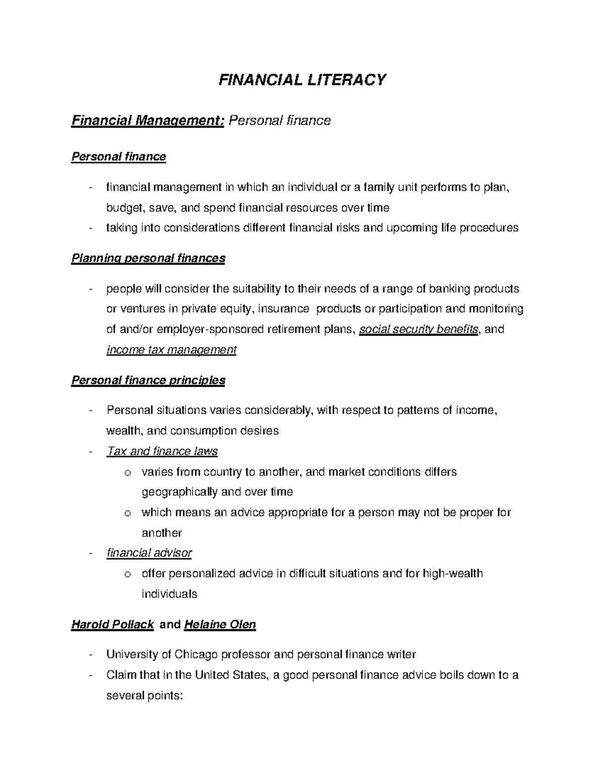 Financial Management Personal finance - FINANCIAL LITERACY Financial ...