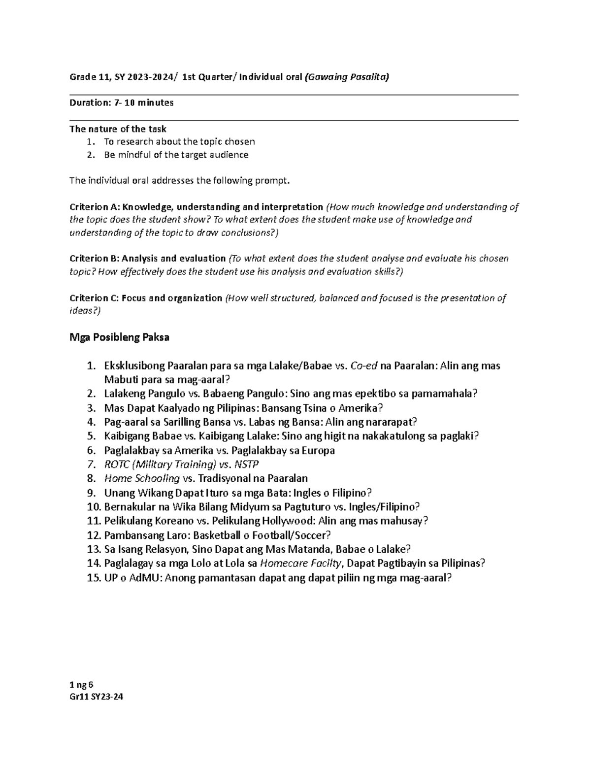 Gr11 TSC Pasalita 1st Qtr SY23-24 - Grade 11, SY 2023-2024/ 1st Quarter ...