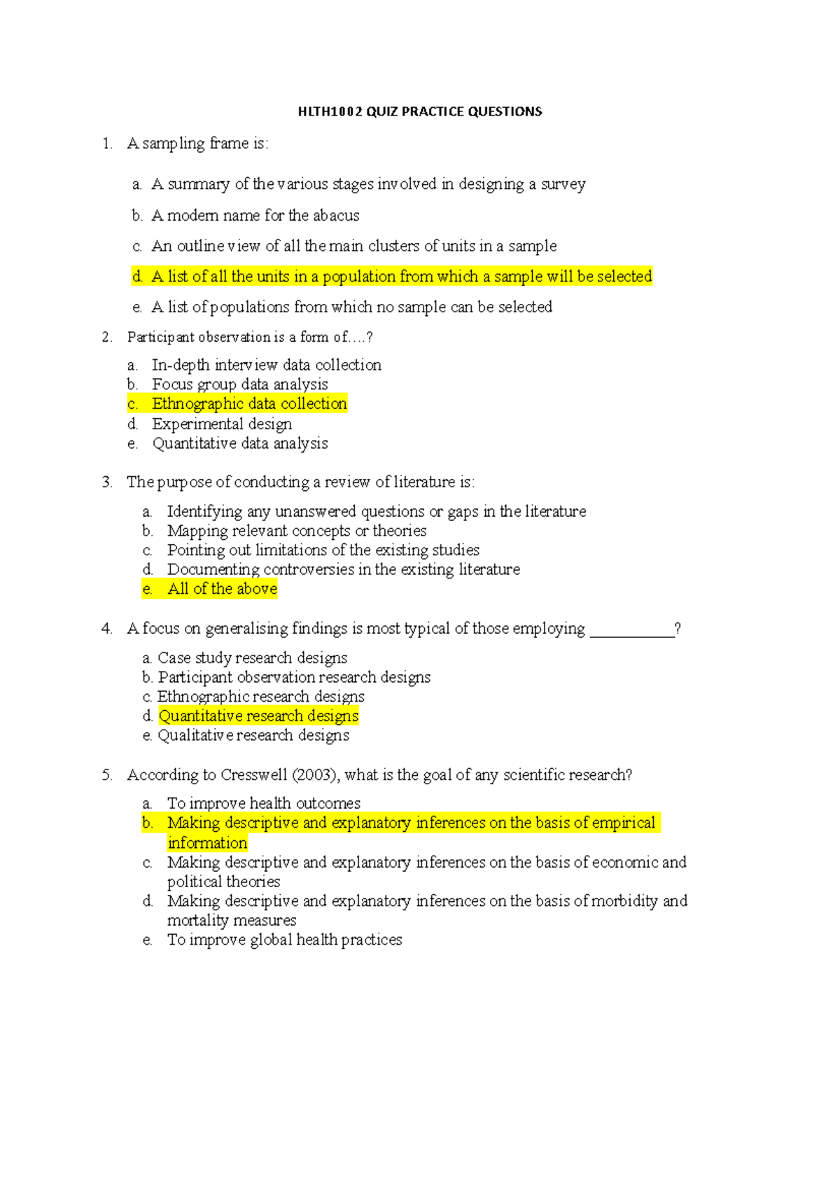 HLTH1002 QUIZ Practice Questions WITH Answers - HLTH1002 QUIZ PRACTICE QUESTIONS A sampling ...