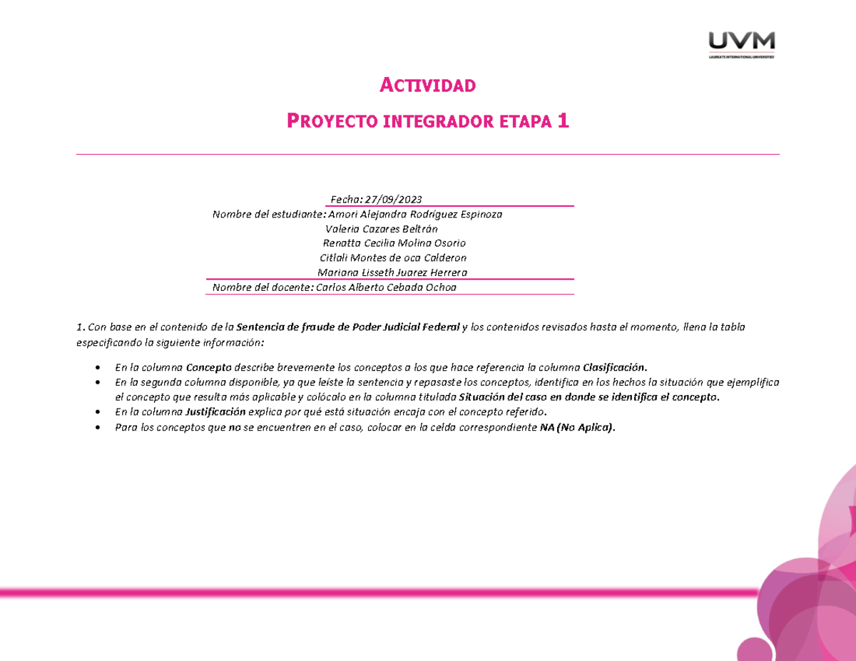 A2 Eq1 - act derecho penal - A CTIVIDAD P ROYECTO INTEGRADOR ETAPA 1 Fecha: 27 / 09 / 2023 ...