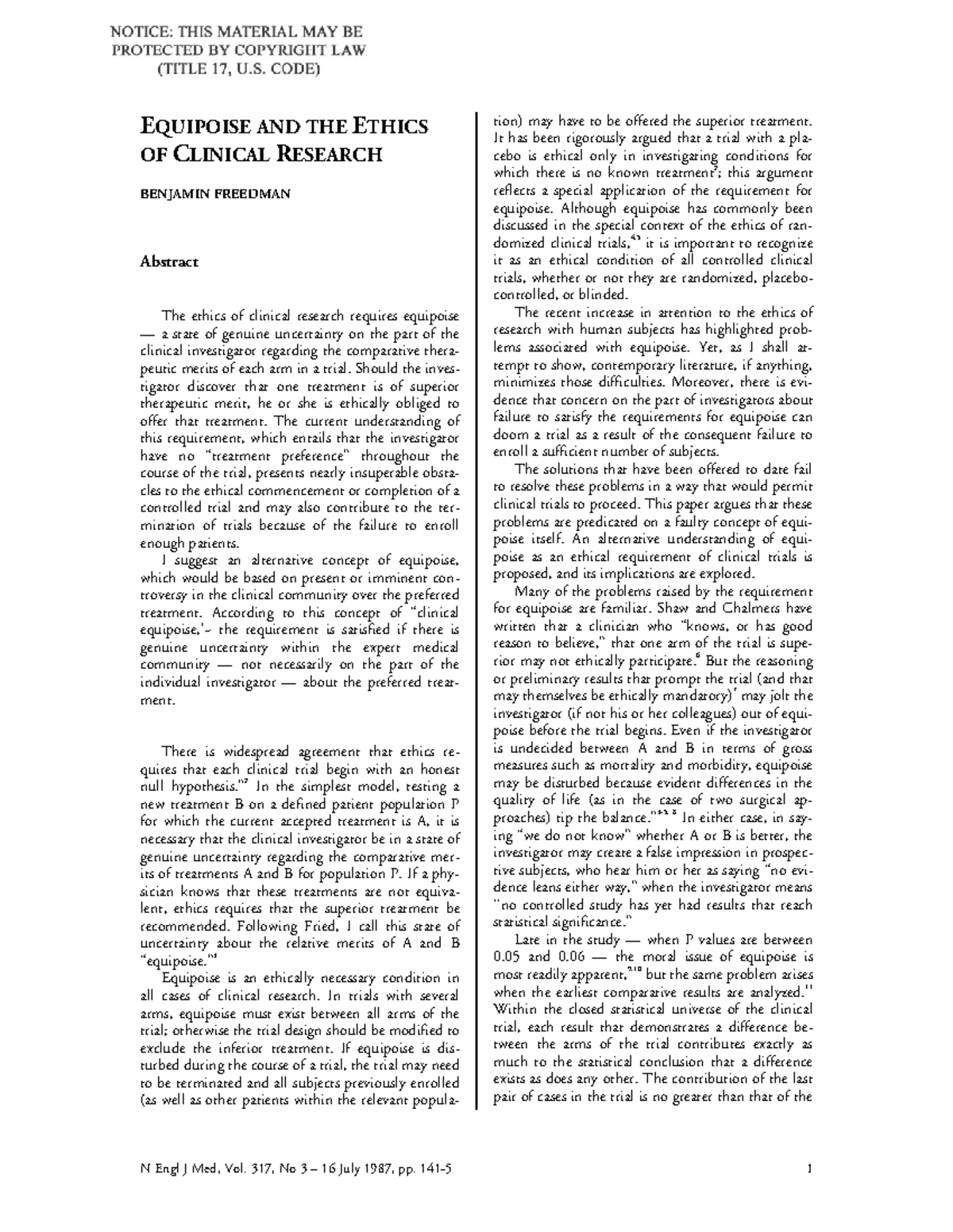 NEJM 1987 Freedman equipoise and the ethics of clinical research ...