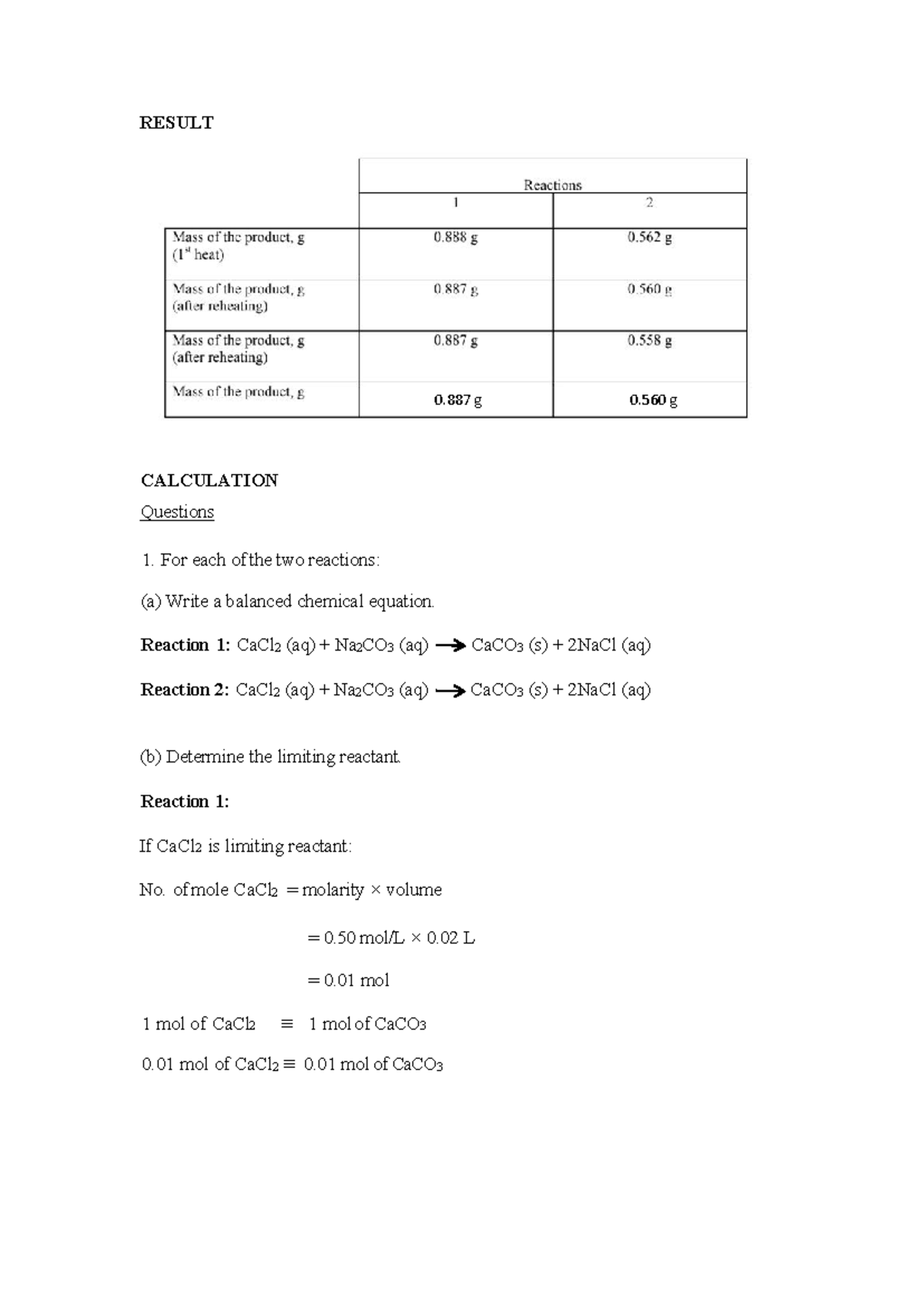 Document 1 chem - RESULT CALCULATION Questions For each of the two ...