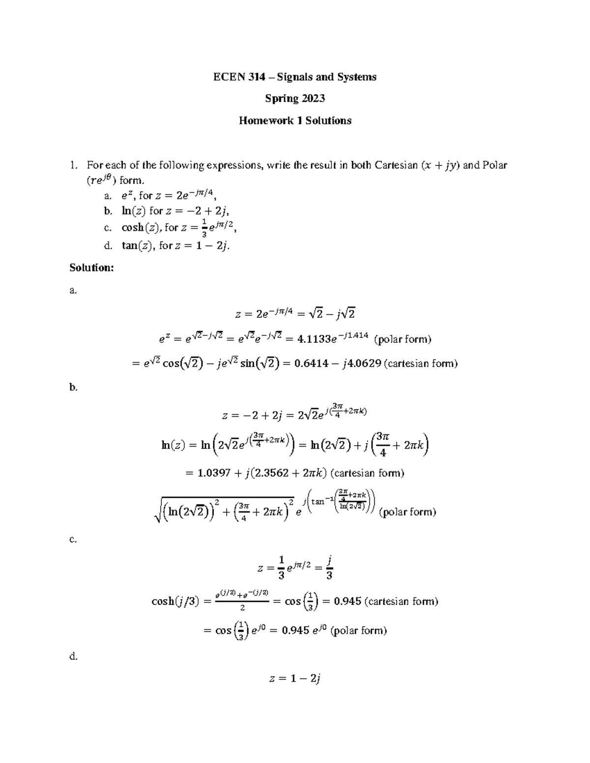 Homework 1 Solutions - HW Sol. - ECEN 314 – Signals and Systems Spring ...