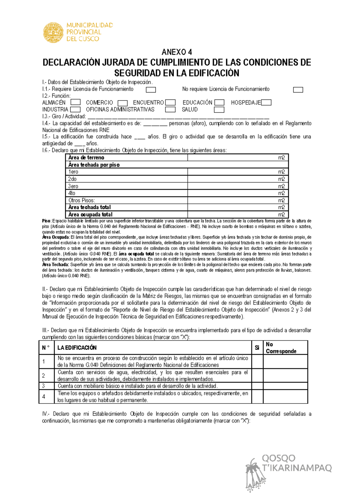 Anexo 04 - ANEXO 4 DECLARACIÓN JURADA DE CUMPLIMIENTO DE LAS CONDICIONES DE SEGURIDAD EN LA ...