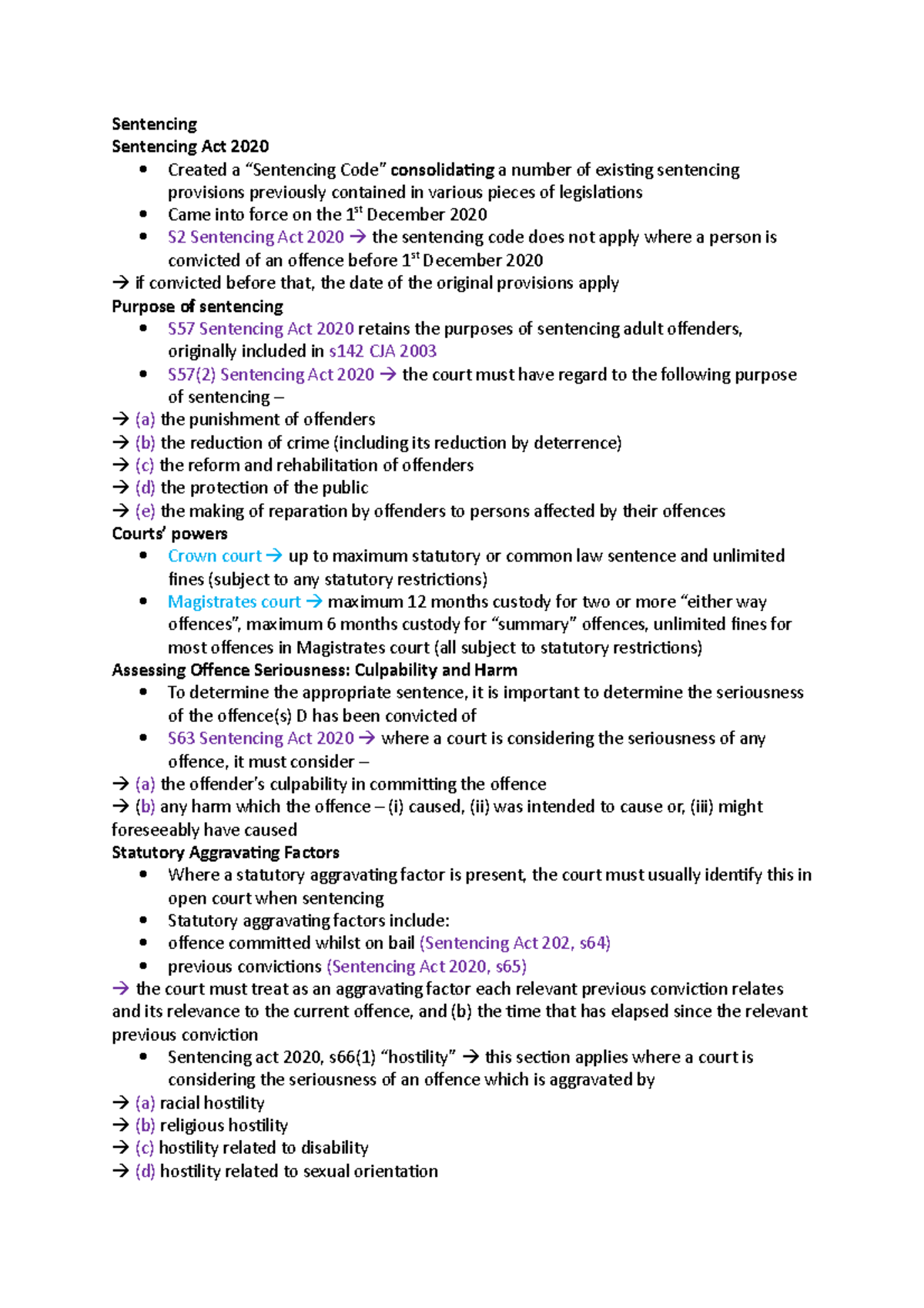 Sentencing - Lecture Notes - Sentencing Sentencing Act 2020 Created a ...