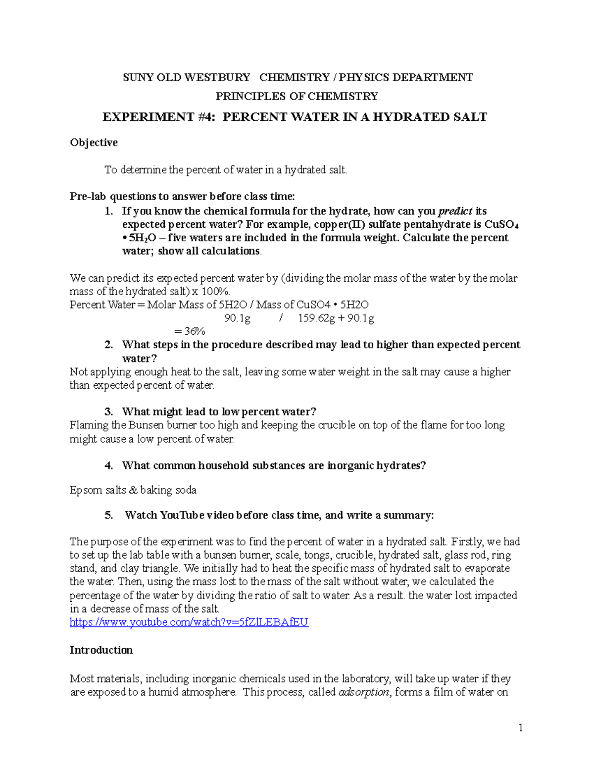 Pre-Lab Water IN A Hydrated SALT 2 - SUNY OLD WESTBURY CHEMISTRY ...