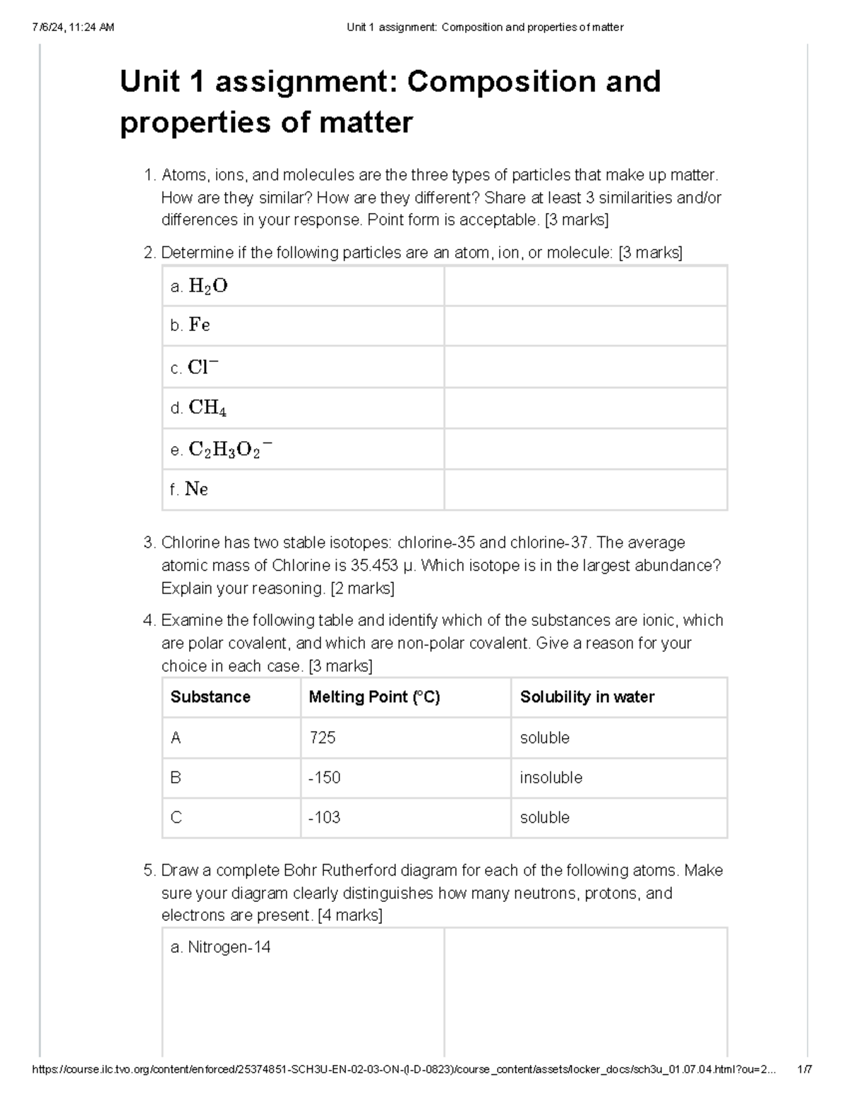 Unit 1 assignment Composition and properties of matter - Atoms, ions ...