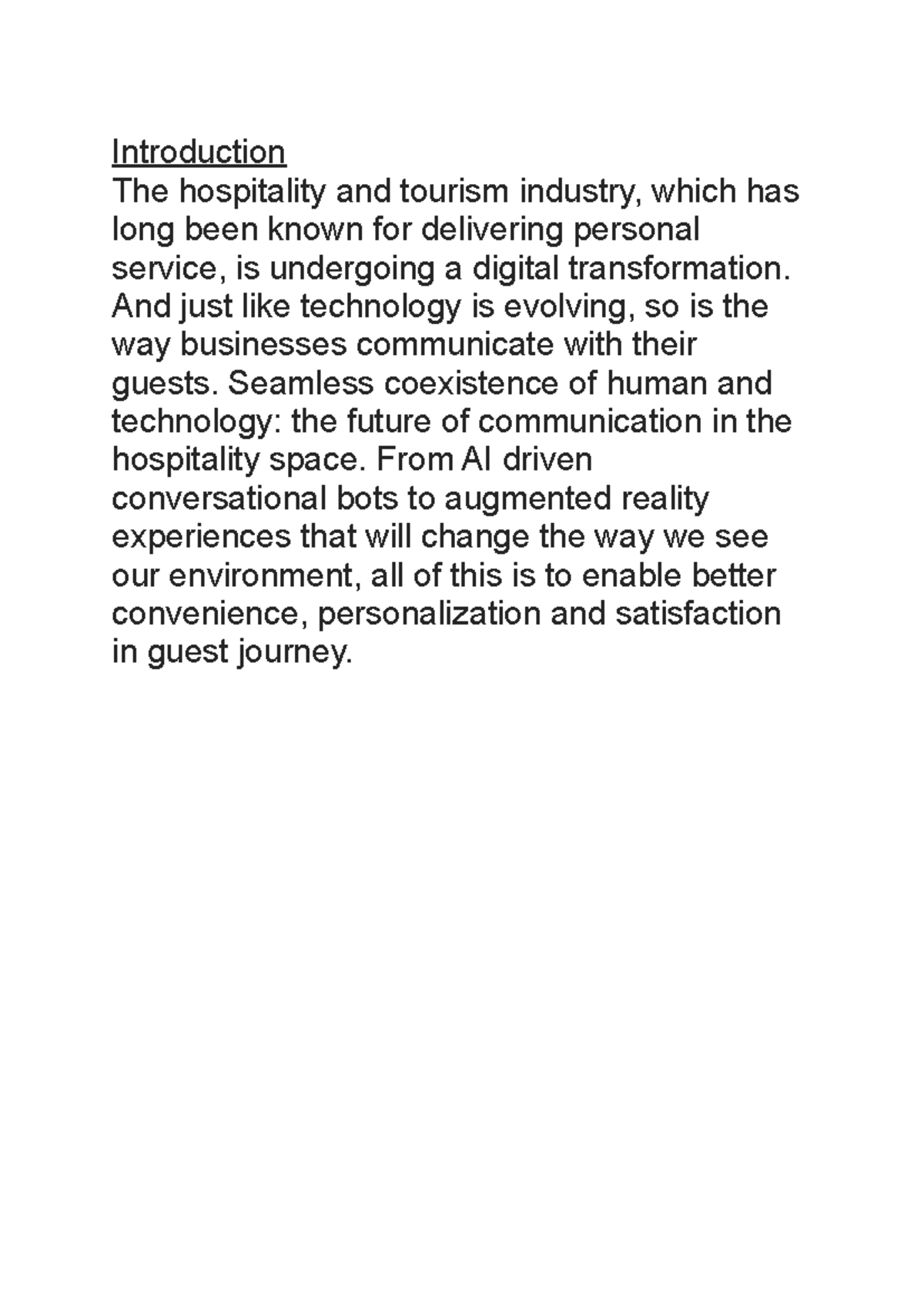 Hospitality industry - Pratice material - Introduction The hospitality ...
