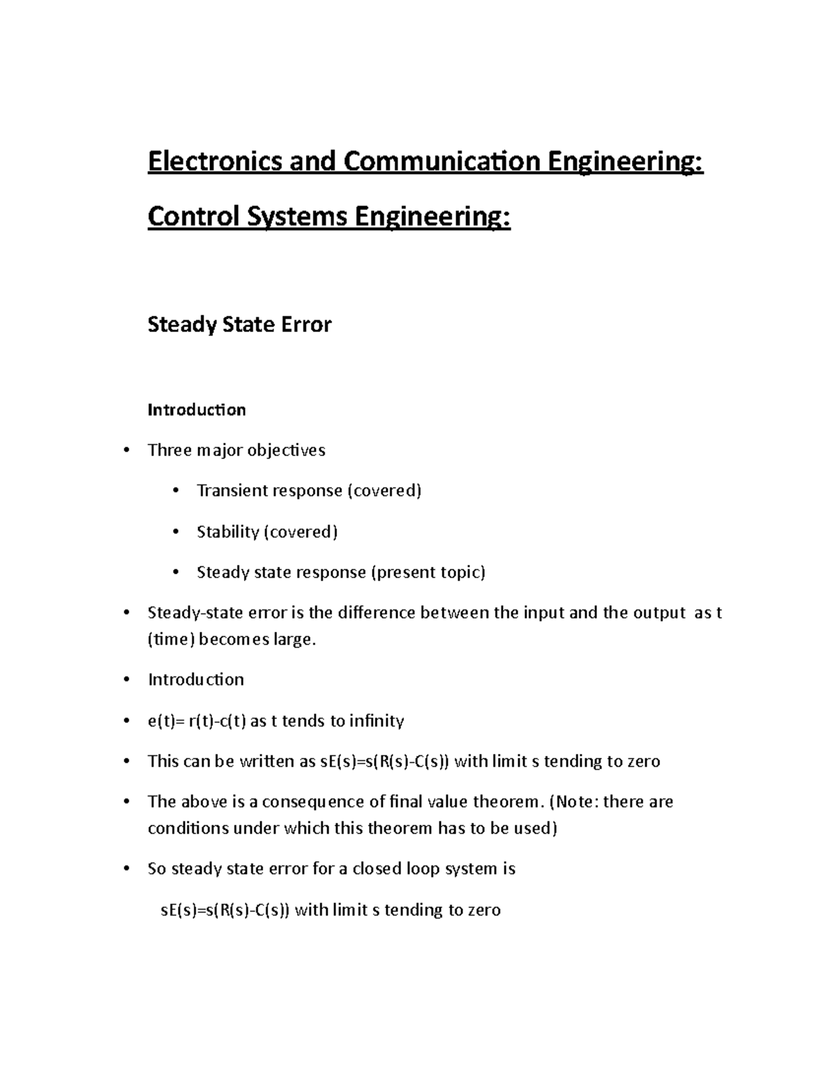 Steady state error and Root Locus - Electronics and Communication ...