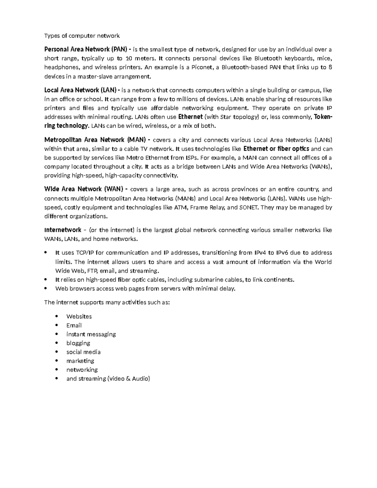 Networking - module - Types of computer network Personal Area Network ...