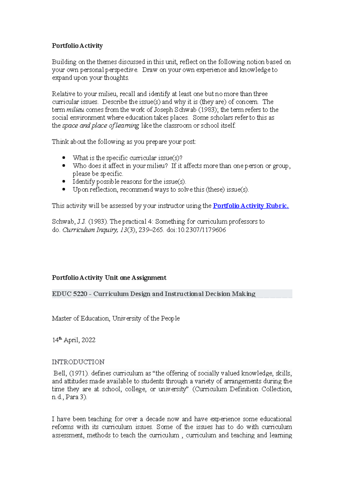 Portfolio Activity UNIT 1 - Portfolio Activity Building on the themes ...