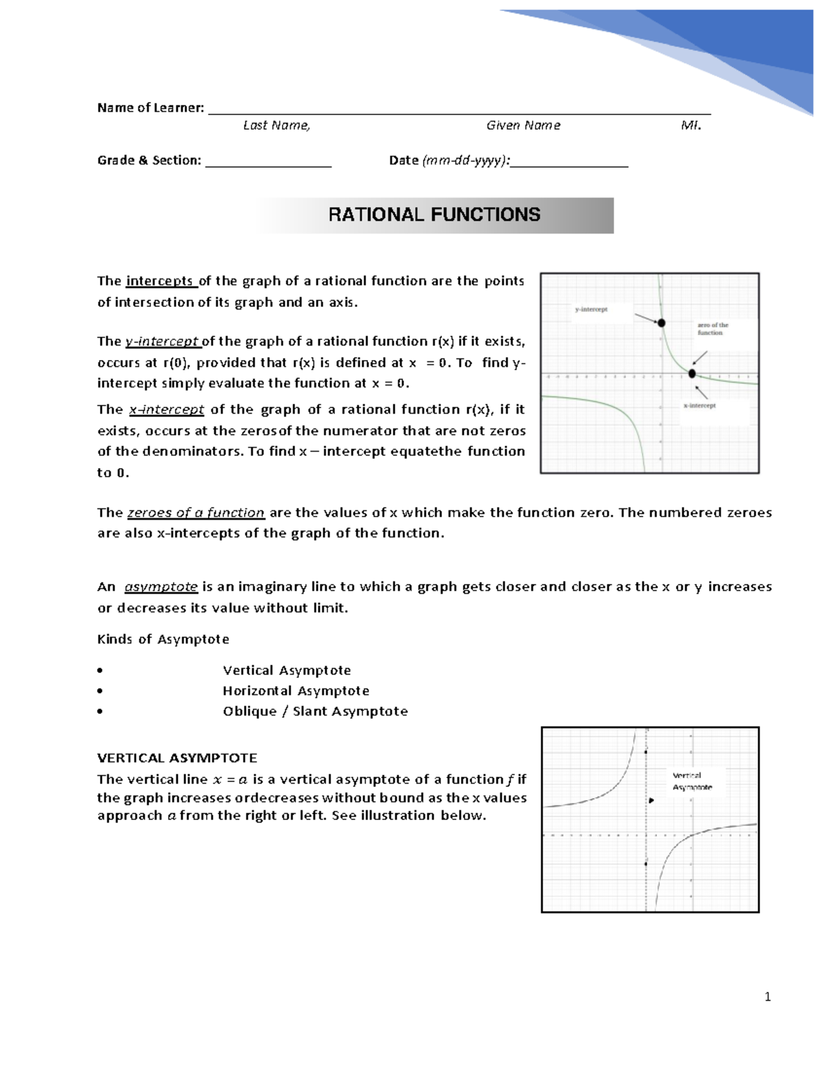 Rational-functions - Grade 10 - Name of Learner: - Studocu