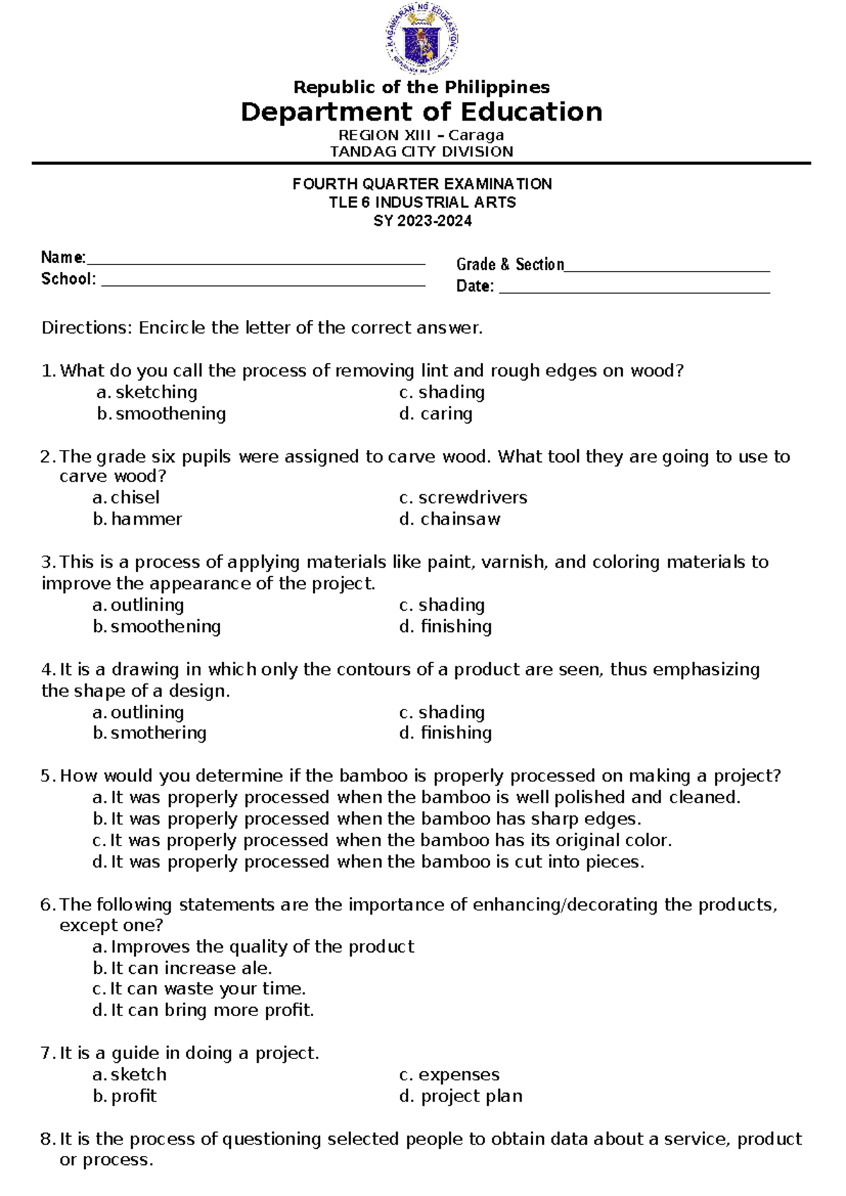Quarterly-Test Q3-TLE-6-IA - Department of Education REGION XIII ...