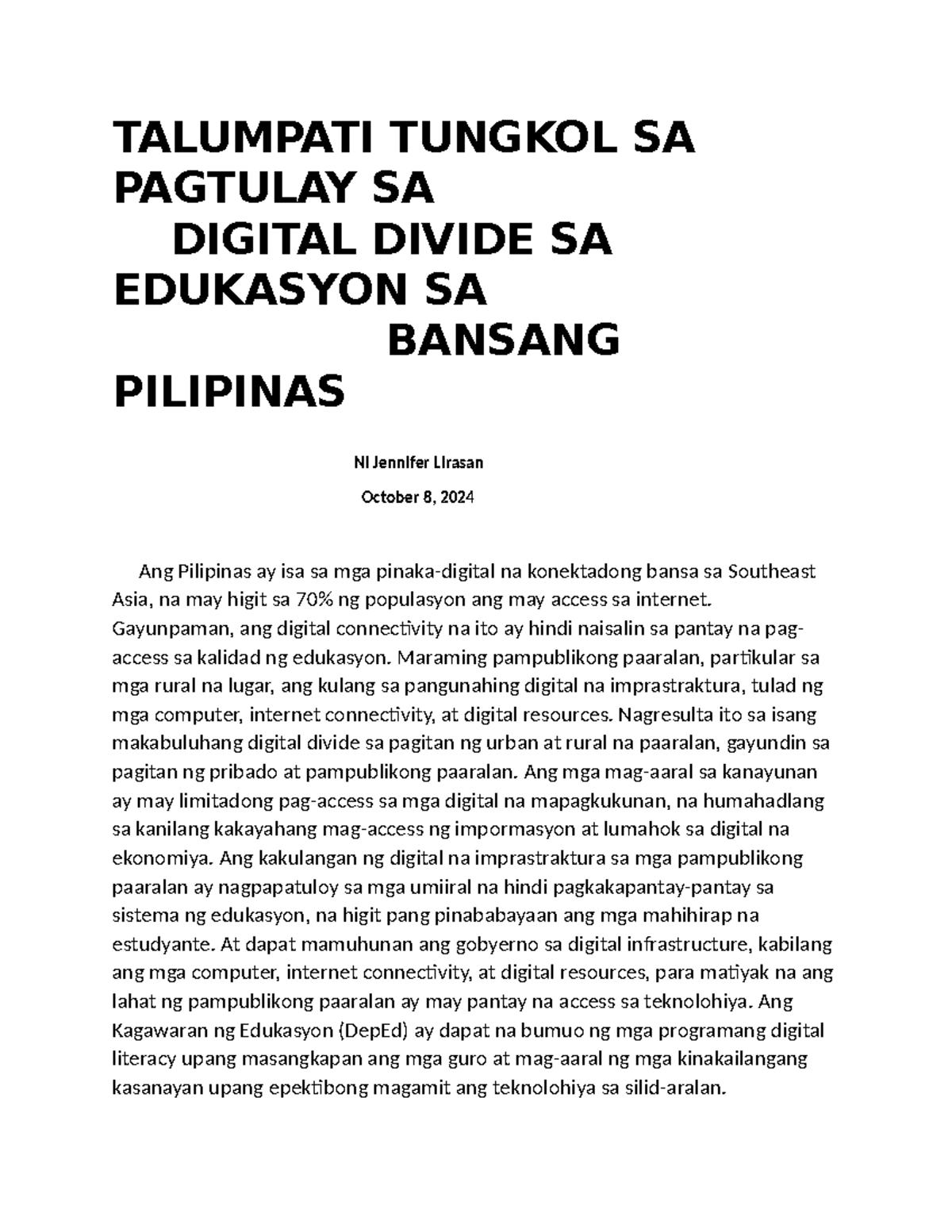 Talumpati Tungkol SA Pagtulay SA - TALUMPATI TUNGKOL SA PAGTULAY SA ...