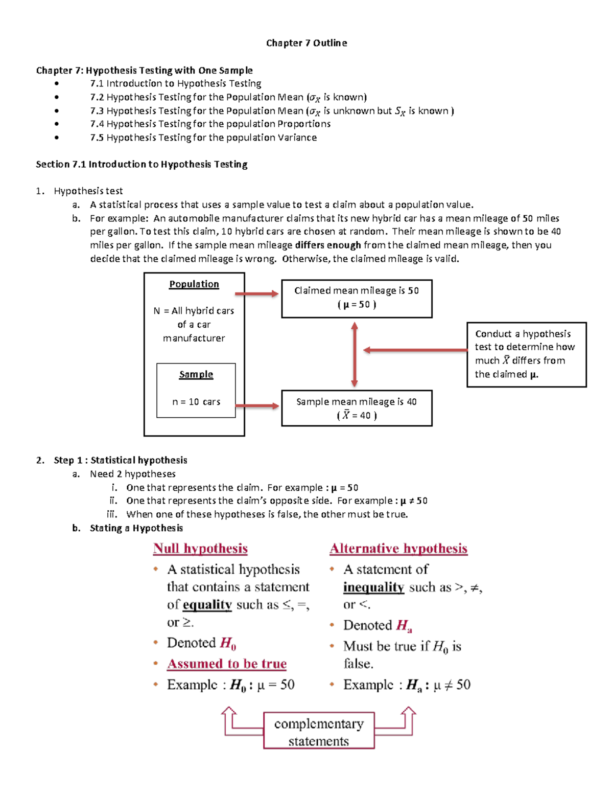 Chapter 7 stats notes - Chapter 7 Outline Chapter 7: Hypothesis Testing ...