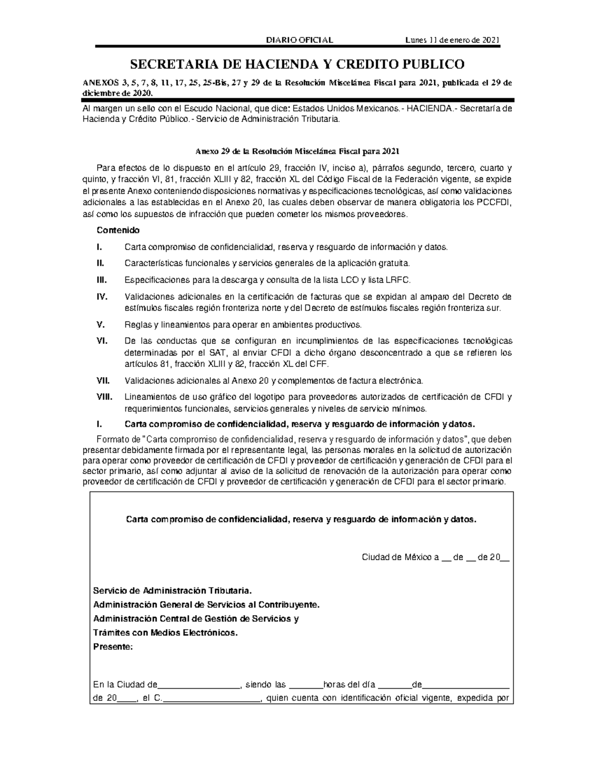 Anexo 29 RMF 2021 DOF - DIARIO OFICIAL Lunes 11 de enero de 2021 ...
