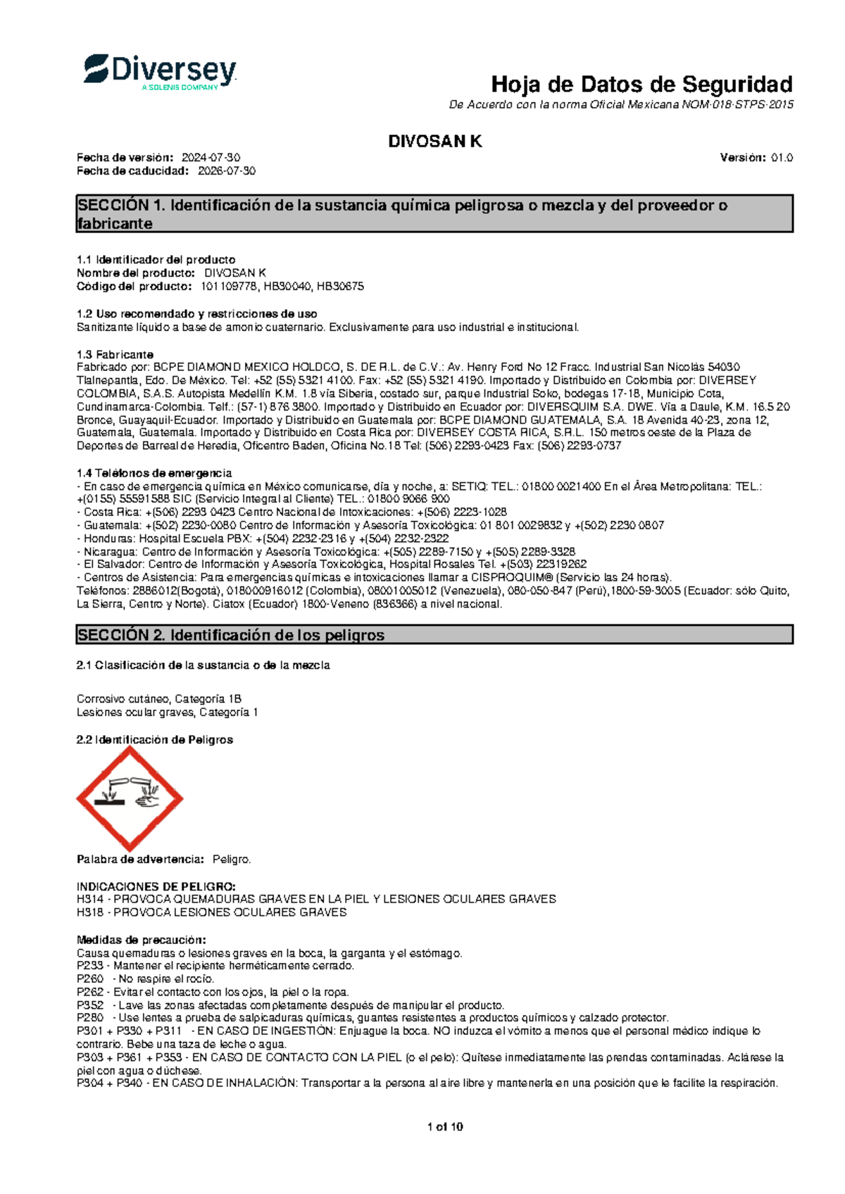 HDS Divosan K (2024) - hoja de seguridad - DIVOSAN K Fecha de versión ...