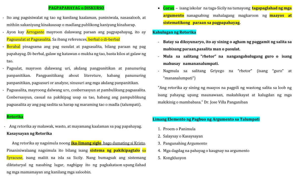 Complete Notes of Filipin - PAGPAPAHAYAG o DISKURSO Ito ang ...